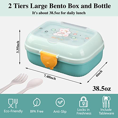 Generic Bento Box Lunch Set for Adults, Blue, Polypropylene, 2 Tiers, 3 Compartments, Spoon, Fork, Water Bottle