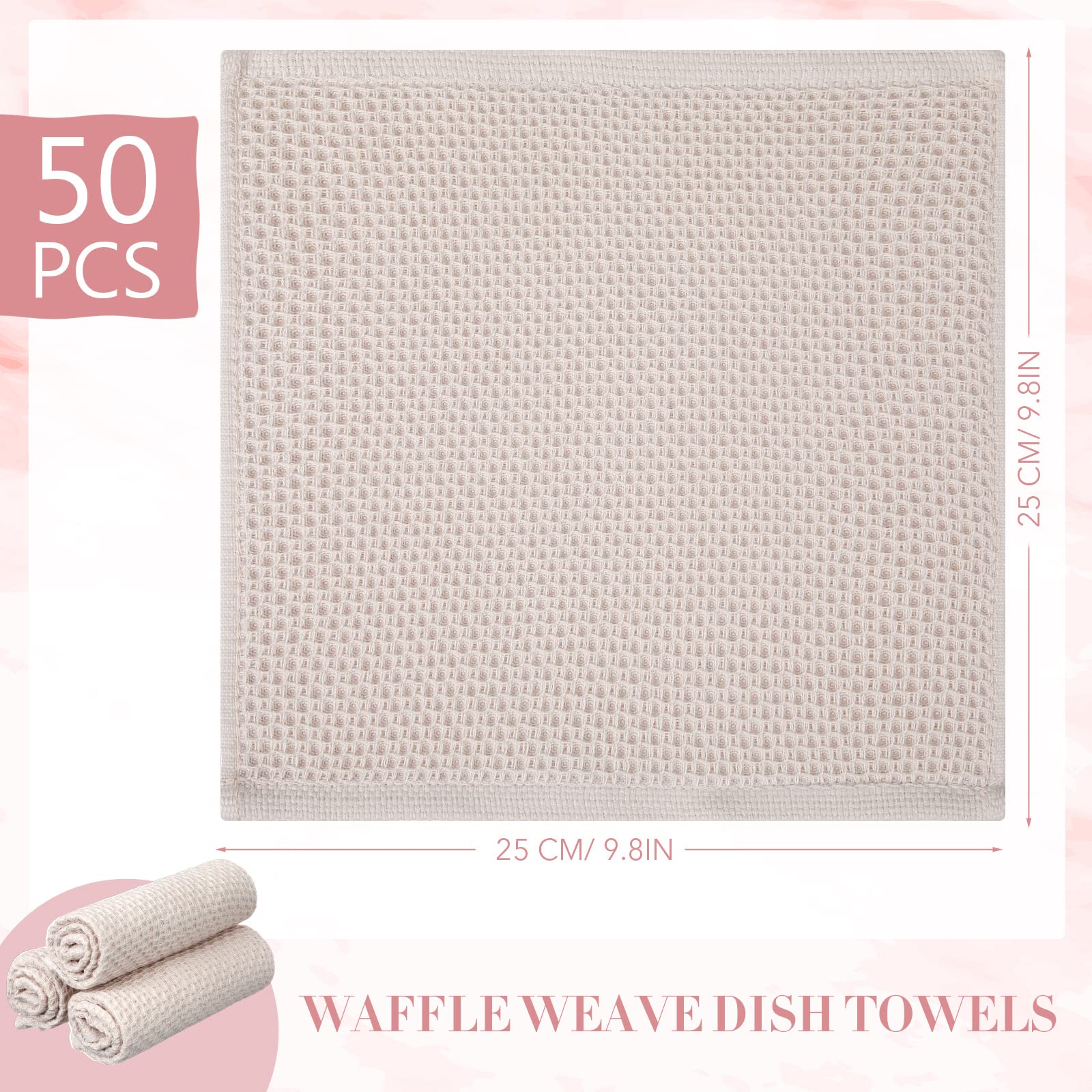 50 Pcs Cotton Waffle Kitchen Dish Towels 9.8 Inch Reusable Waffle Dish Rags Quick Drying Waffle Washcloths Soft Absorbent Waffle Dish Cloths for Cooking Kitchenware Hand Towel Napkin, Beige