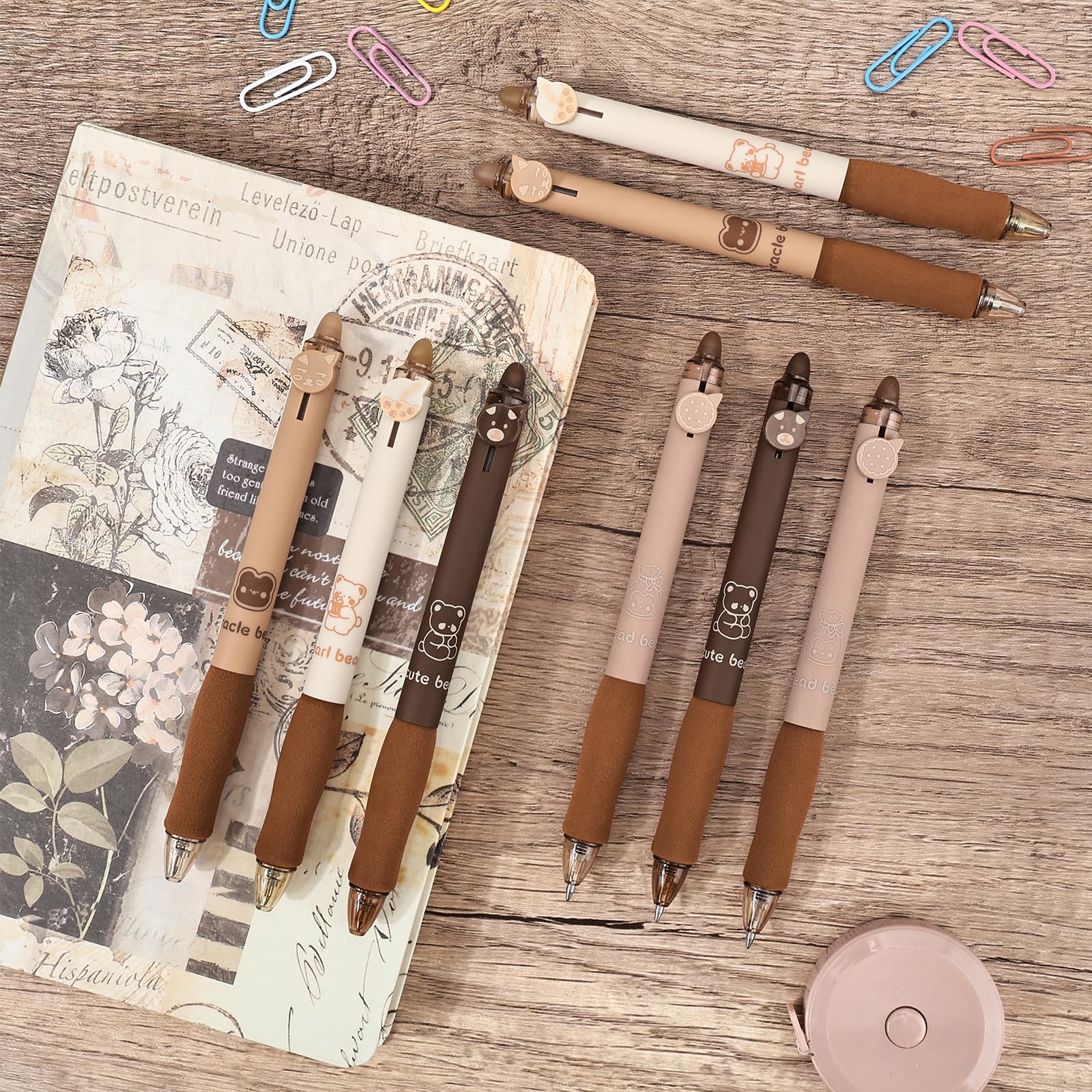 BAYTORY 8Pcs Cute Retractable Erasable Gel Pens, Blue and Black Ink Pen with Eraser Clear, Smooth Writing Comfortable to Use for Note Taking Marking Planner Crossword Puzzles (Coffee)