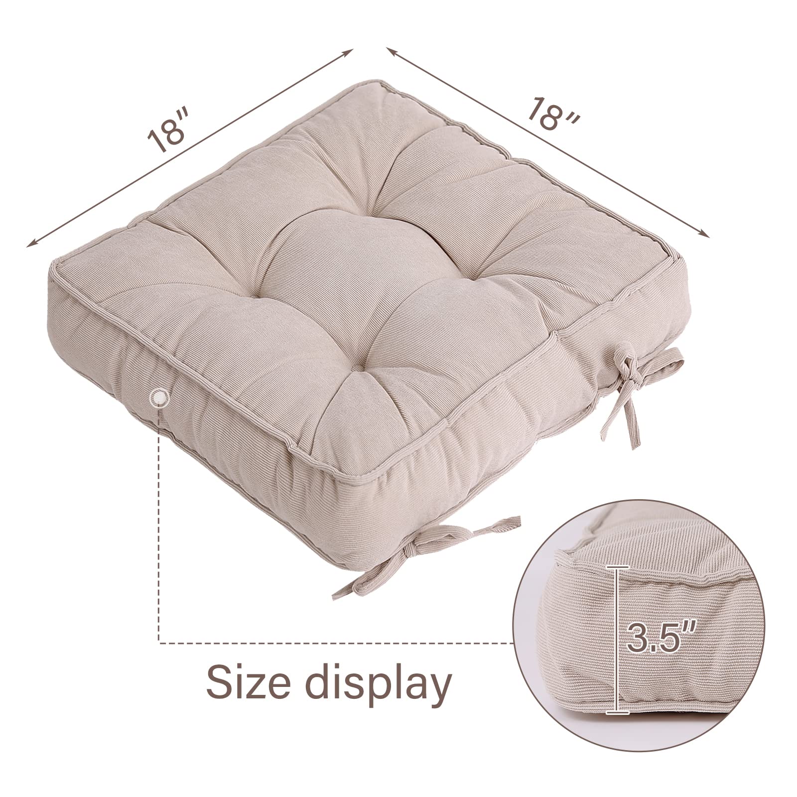 Furlide Chair Cushion with Ties 18 x 18 Inch Indoor Outdoor Cushions for Dining Chairs Set of 2, Square (Beige, 18 x 18 Inch)