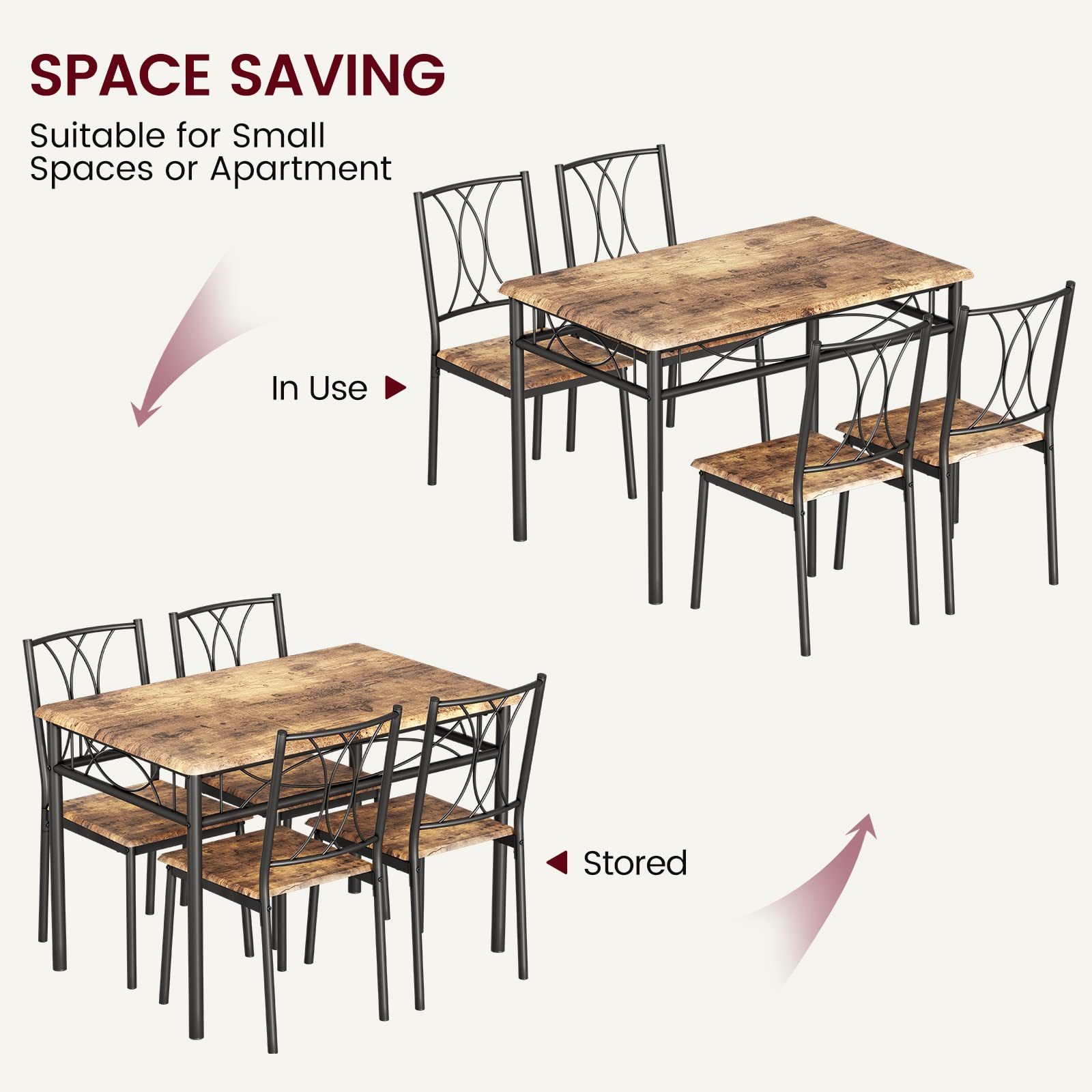 GAOMON Dining Table Set for 4, Kitchen Table and Chairs for 4, Dining Room Table Set with 4 Wood and Metal Chairs, Rectangular Kitchen Table Set for Small Space, Apartment, Studio, Rustic Brown