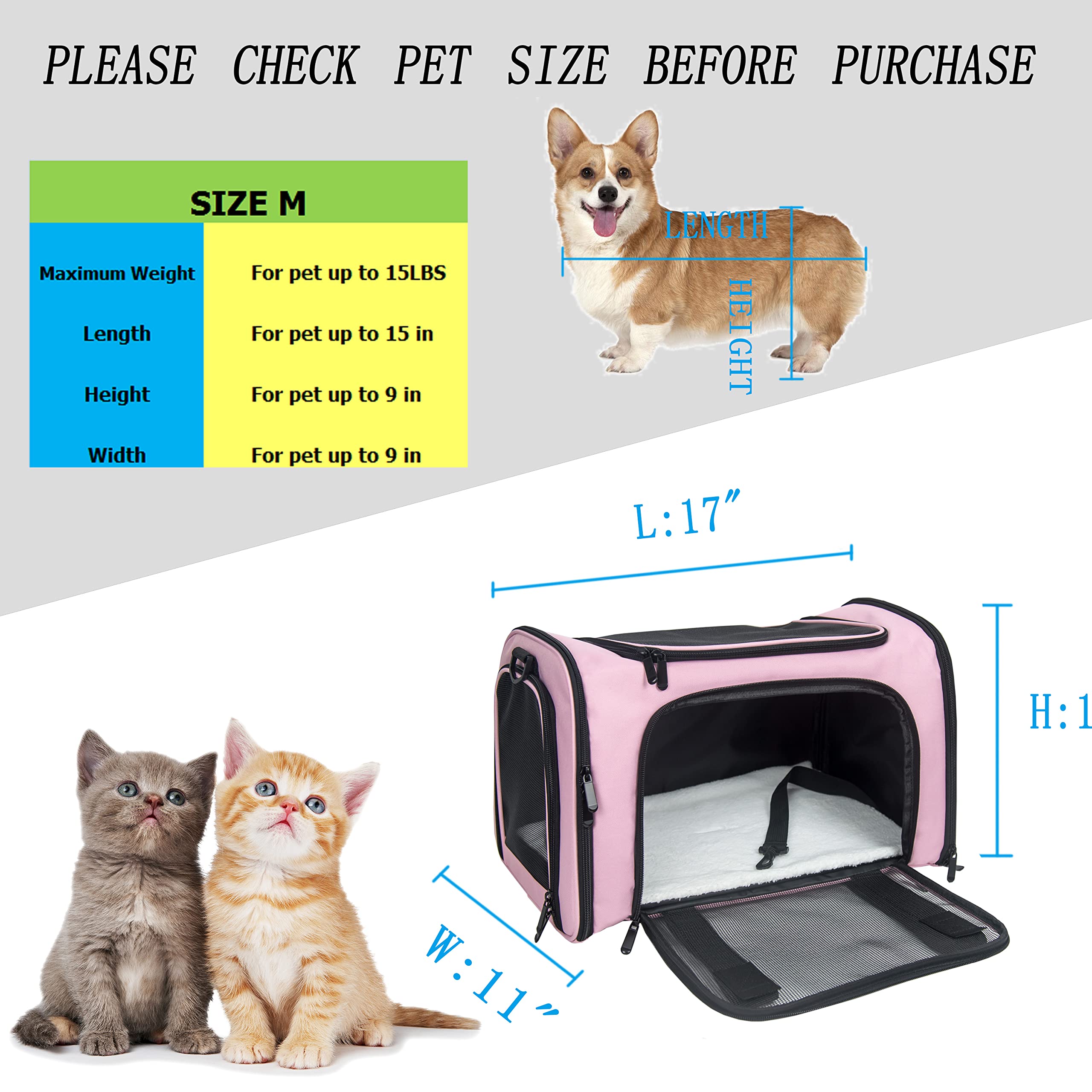NextFri Soft Sided Carrier for Small Medium Cats Dogs,TSA Airline Approved Collapsible Travel Pet Carrier Medium Pink