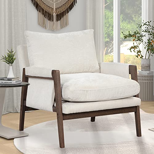 FIQHOME Mid Century Modern, Velvet Upholstered Accent Rubber Wood Frame,Comfy Reading Chair for Bedroom,Single Armchair for Living Room Office Apartment,White