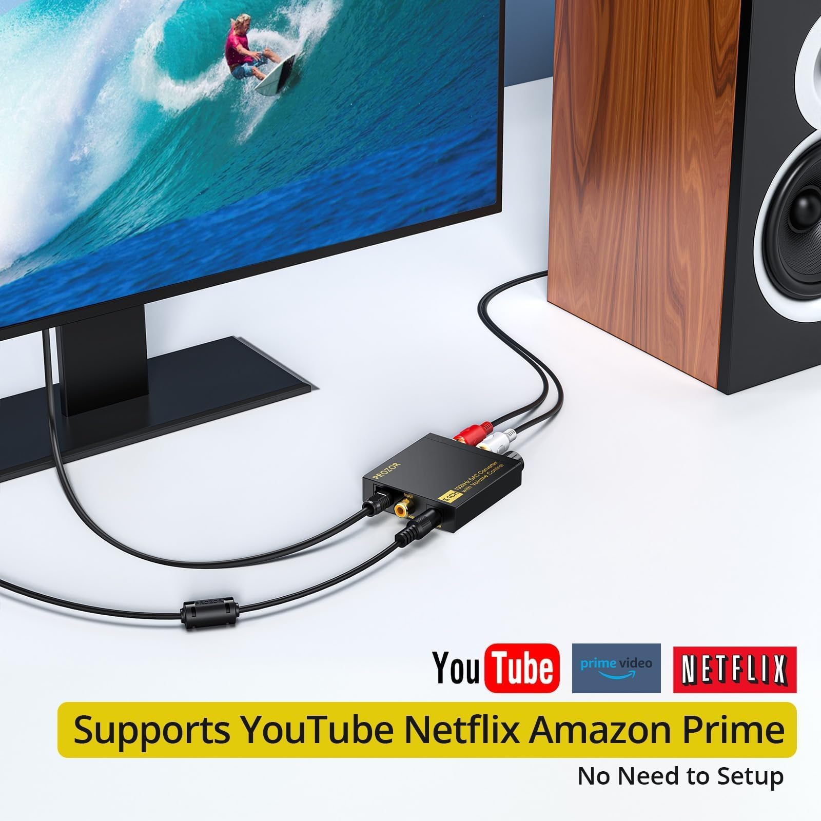 PROZOR DAC Converter 192Khz Digital to Analog Audio Decoder with Volume Control Support 5.1CH DTS Dolly-AC3 Coaxial SPDIF Toslink Optical to RCA Adapter for HDTV Blu-ray DVD PS3 Home Cinema System
