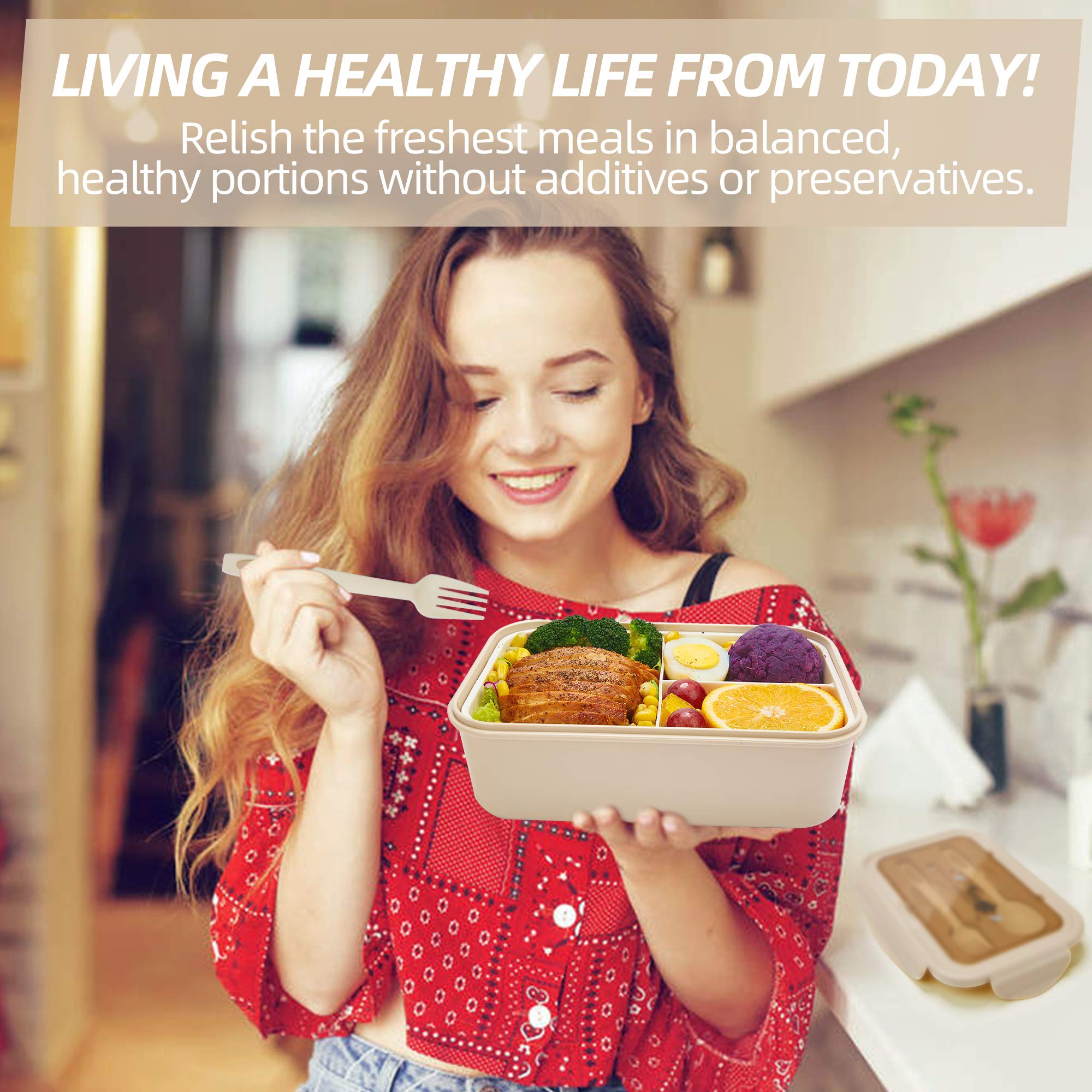 Porzu Bento Lunch Box, 1400 ML Lunch Box Meal Prep For Adults，3 Compartments Portable Food Container with Utensil (Beige)