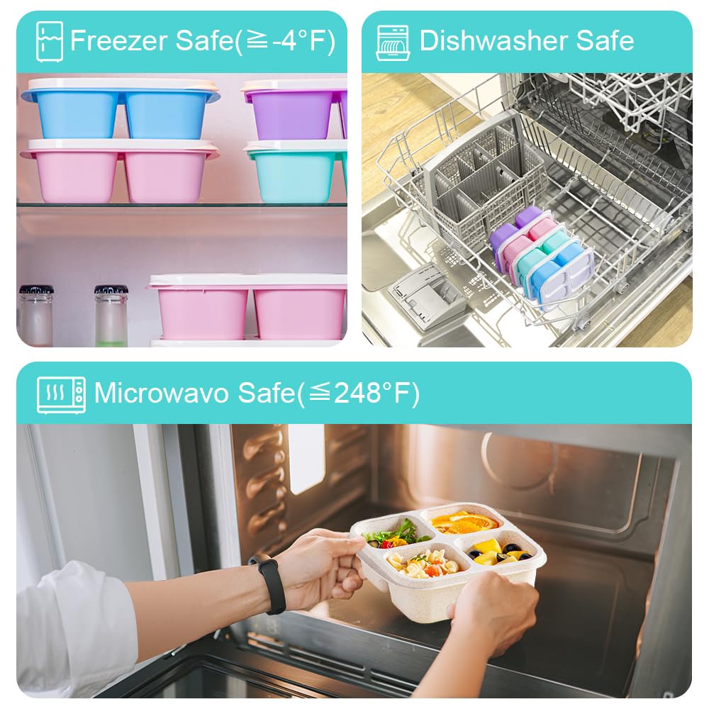 Aimkeoulee 4 Pack Snack Containers with Lids,Reusable 4 Compartments Bento Lunch Box, Divided Meal Prep Lunch Box, Food Storage Containers (Multicolor 2(Pink/Green/Blue/Purple))