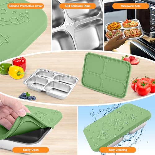 LEGELITE Stainless Steel Bento Box Container with 2 Sauce Cups, 4 Compartments Premium Bento Box, Metal Lunch Box Set for Kids or Adults (Sage)
