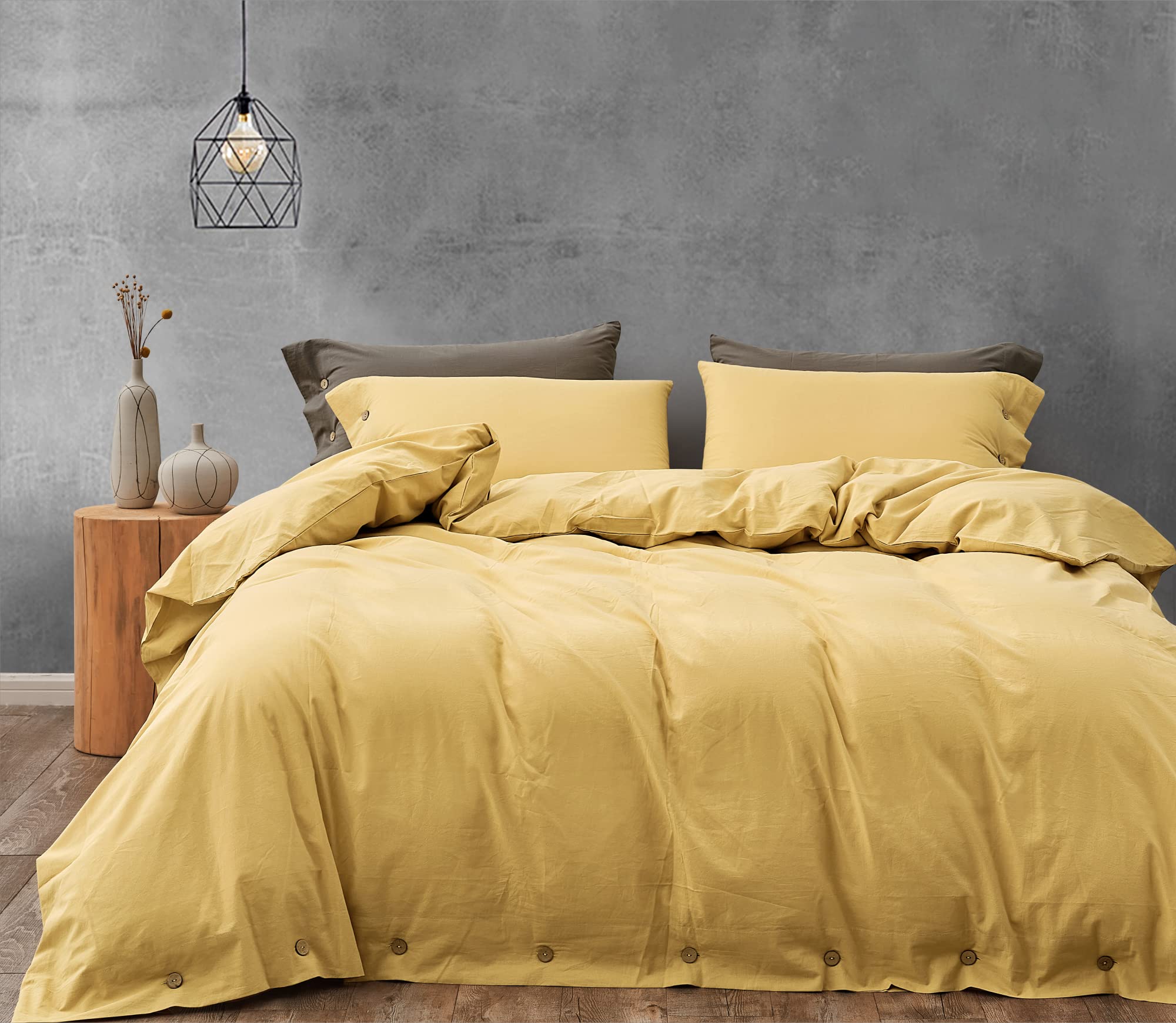 melingo Cotton Duvet Covers King Size, Mustard Yellow Quilt Cover, Soft, Cooling, Breathable Bedding Collection with Buttons Closure. 3 Pieces Solid Color (1 Comforter Cover + 2 Pillow Cases)