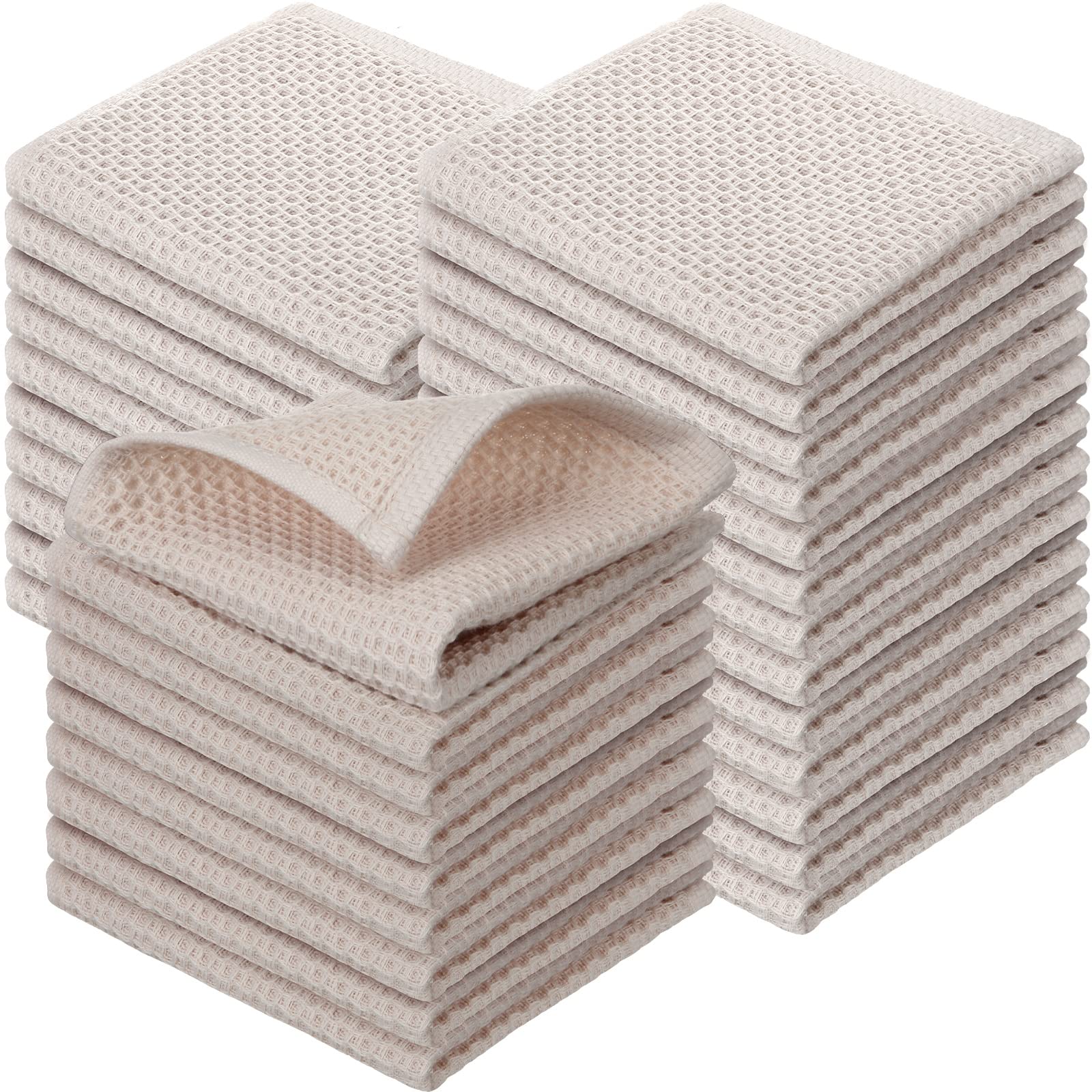 50 Pcs Cotton Waffle Kitchen Dish Towels 9.8 Inch Reusable Waffle Dish Rags Quick Drying Waffle Washcloths Soft Absorbent Waffle Dish Cloths for Cooking Kitchenware Hand Towel Napkin, Beige