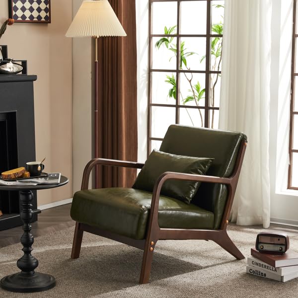 Flulep 80 * 65 * 73cm Single Seat B Style Backrest Without Buckle with Pillow PU Walnut Oak Armrests Indoor Leisure Chair Dark Green