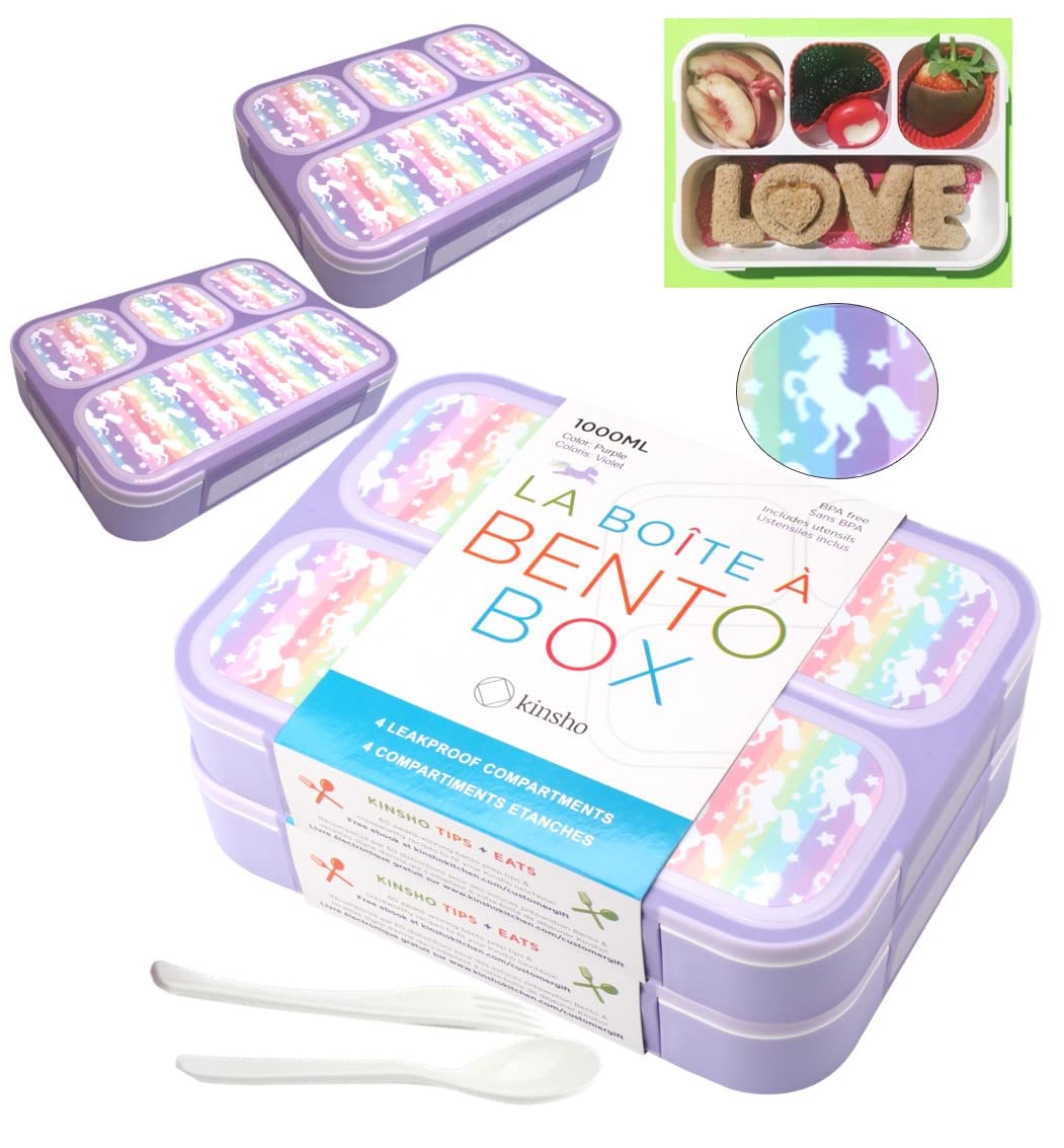 kinsho Unicorn Lunch Boxes for Girls, 4 Compartment Bento-Box Lunch-Box for Kids, Toddlers School Daycare Travel Snack Containers, Utensils, Rainbow Unicorns 2 PACK Set