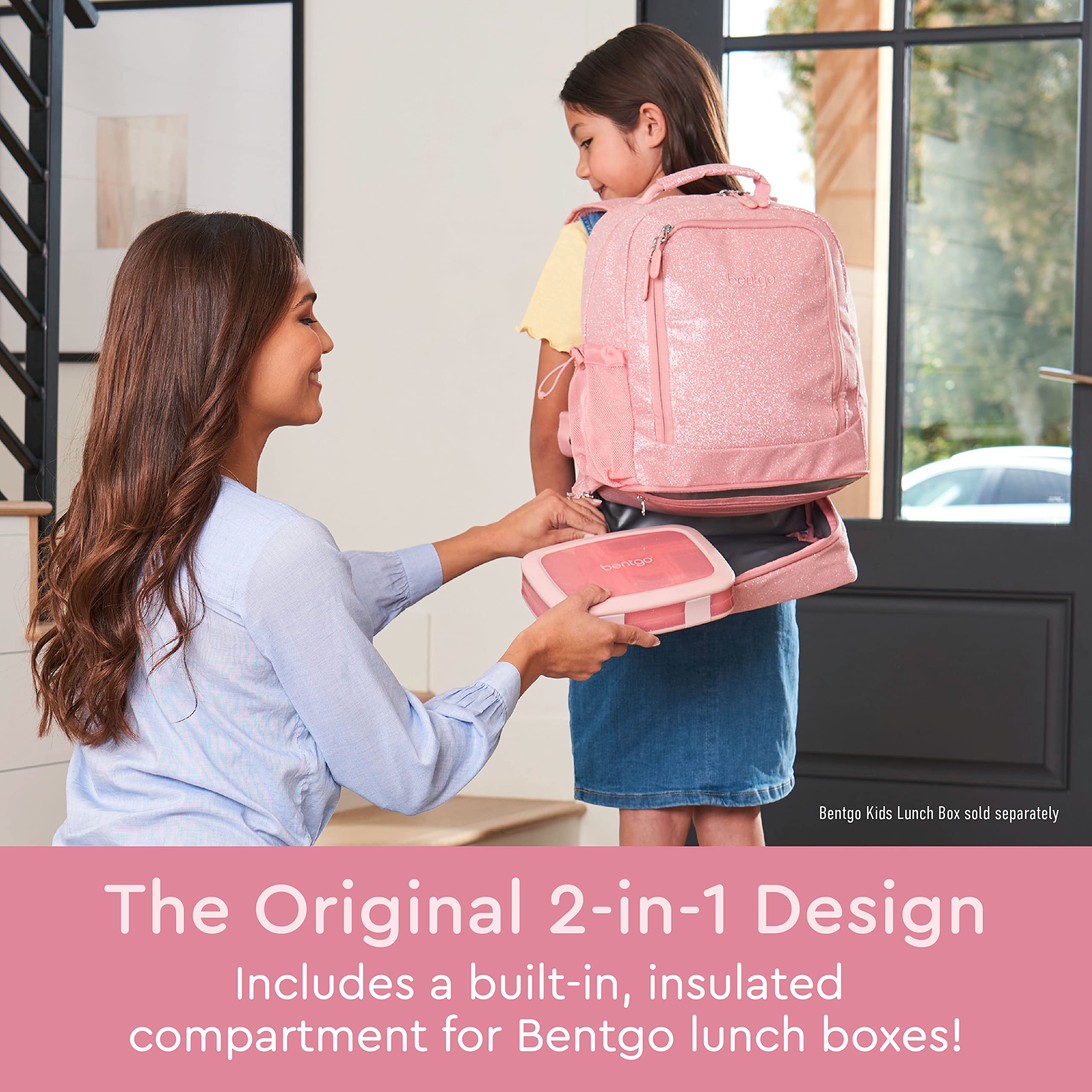 Bentgo® Kids 5-Compartment Lunch Box With Kids 2-in-1 Backpack & Insulated Lunch Bag (Glitter Edition - Petal Pink)