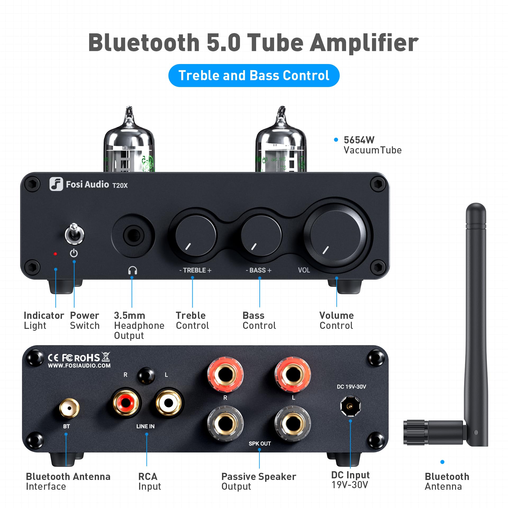 Fosi Audio T20X Bluetooth Tube Stereo Amplifier Home Audio Headphone Amp 2.0 Channel Class D Digital Mini Hi-Fi Power Amp Receiver for Home Bookshelf Speakers with JAN 5654W Vacuum Tubes