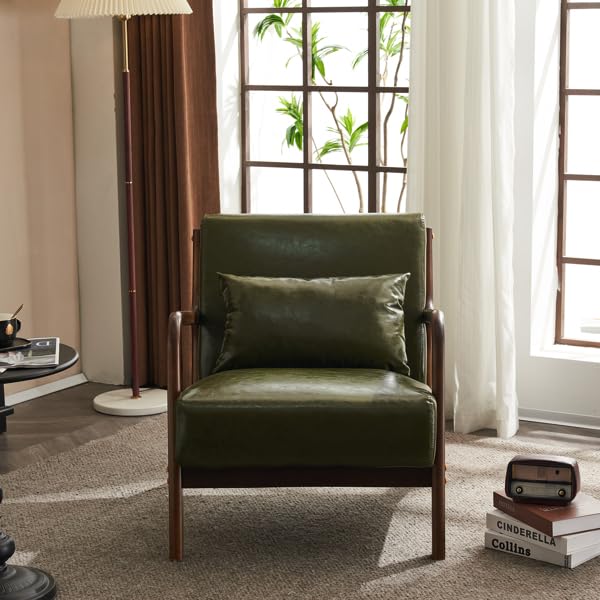 Flulep 80 * 65 * 73cm Single Seat B Style Backrest Without Buckle with Pillow PU Walnut Oak Armrests Indoor Leisure Chair Dark Green