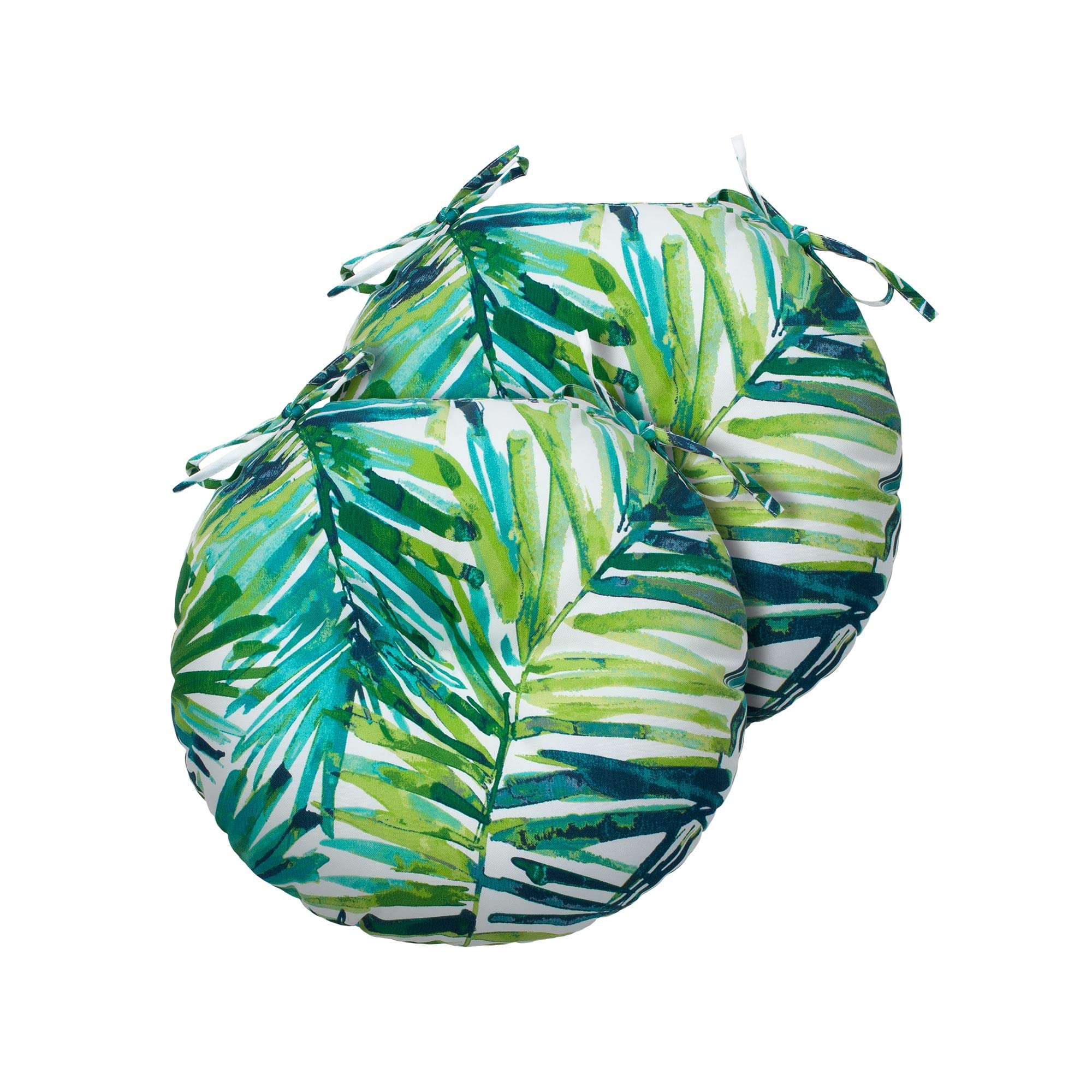 Magpie Fabrics 15" Round Bistro Seat Cushions with Ties, Set of 2, Waterproof All Weather Tufted 4" Thick Patio Chair Pads for Home Garden Dining Metal Stool - Green Palm Leaves