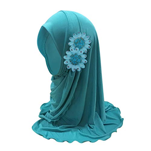 Kids Girls Lovely Muslim Hijab with Flowers Anti-UV Sun Protection Breathable One Piece Islamic Head Scarf Shawls Arabian Turban for 2-6 Years Blue