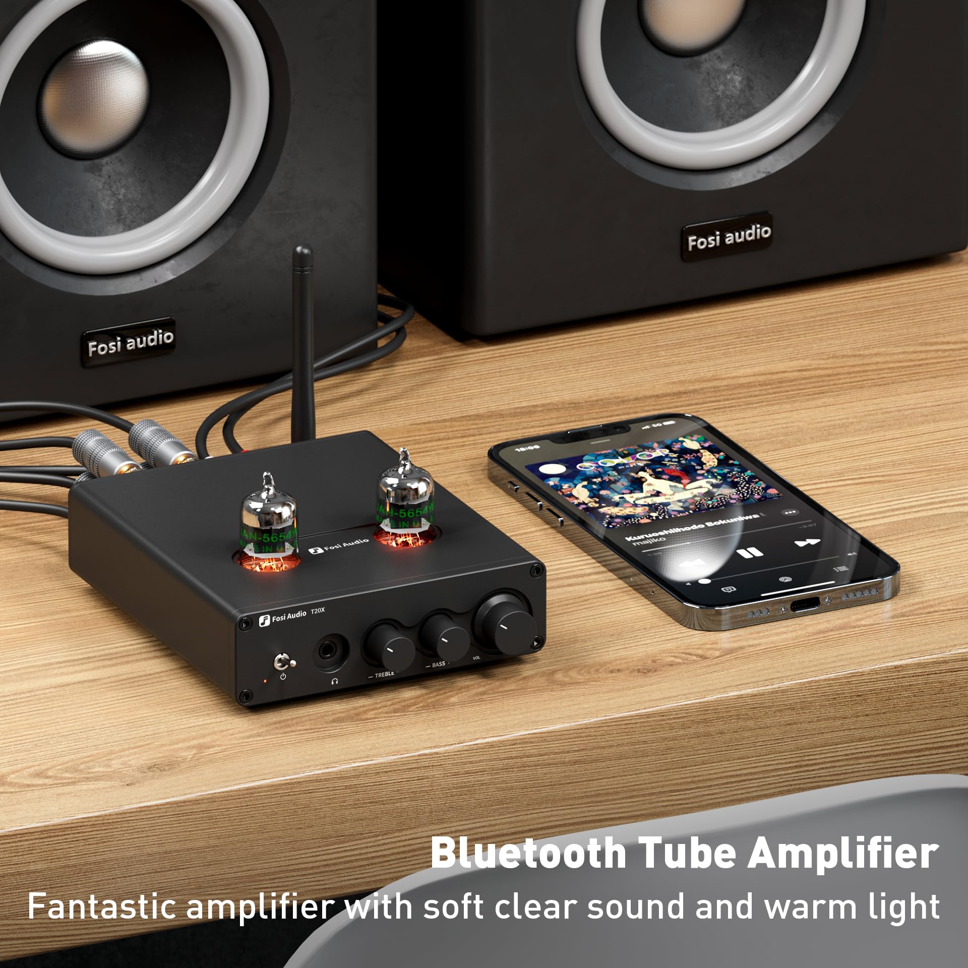 Fosi Audio T20X Bluetooth Tube Stereo Amplifier Home Audio Headphone Amp 2.0 Channel Class D Digital Mini Hi-Fi Power Amp Receiver for Home Bookshelf Speakers with JAN 5654W Vacuum Tubes