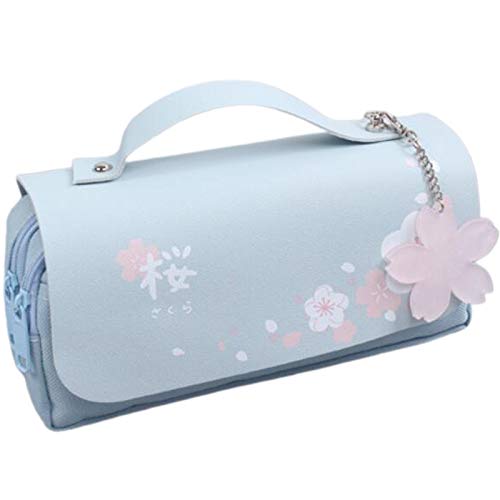 Moovul Blue Cherry Blossom Pencil Case Cute PU Leather Pencil Pouch Stationery Pencil Bag for Teens Girls Boys