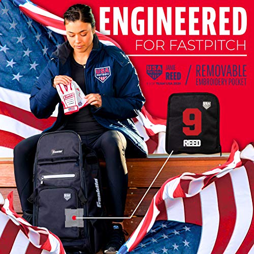 Franklin Sports Fastpitch Softball Bat Bag - USA Traveler Elite Bat Backpack - Girls + Women's Equipment Batpack - Fits Helmets, Cleats + (2) Bats - Black