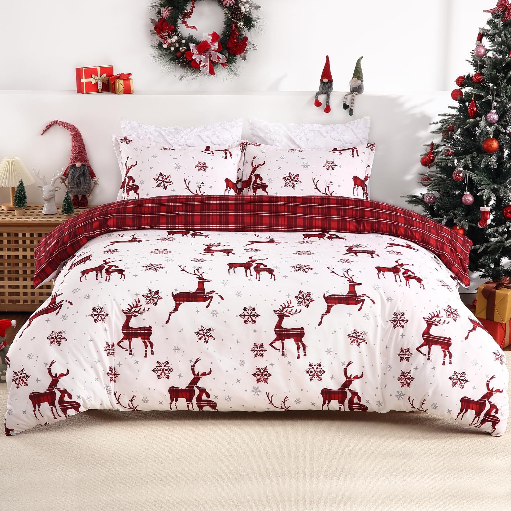 STARBEDIA Christmas Duvet Cover King, Soft Brushed Microfiber Comforter Cover Sets, Reindeer Printed Holiday Theme Bedroom Decorative Bedding (King Size, Red Plaid Deer)