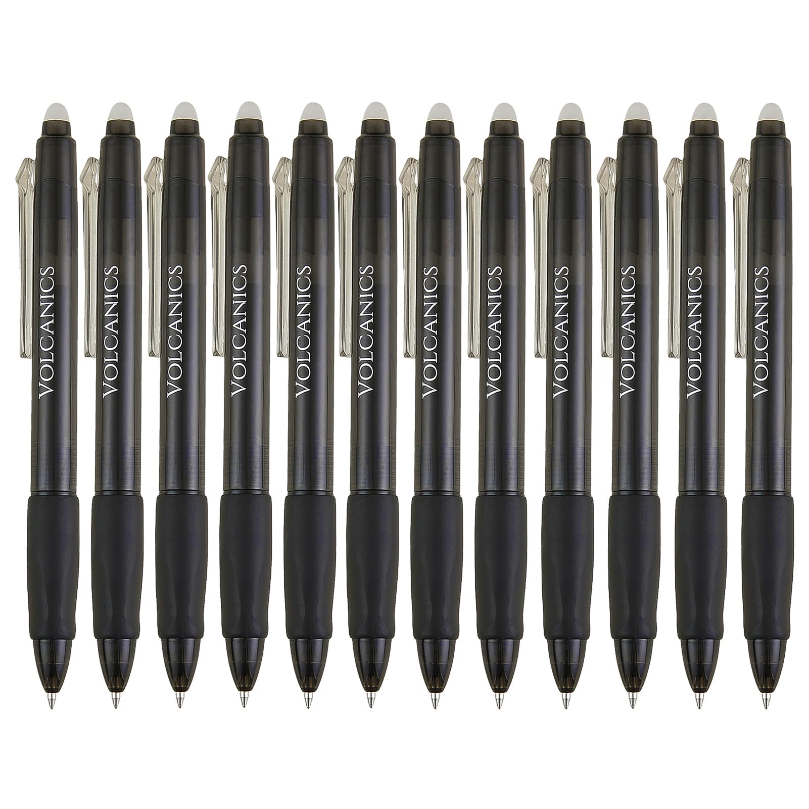 Volcanics Retractable Clicker Erasable Gel Pens - 0.7mm Ball Point, Heat Erase with Built-in Eraser, 12 Pack Black