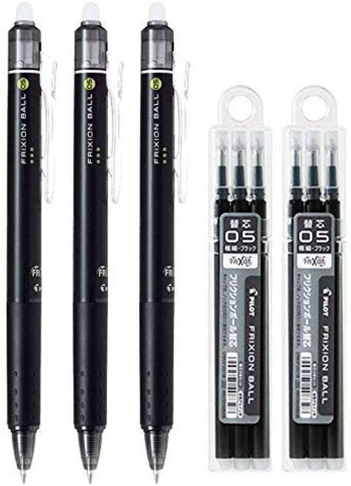 Pilot FriXion Ball Knock Retractable Erasable Gel Ink Pens, Extra Fine Point 0.5mm, Black Ink, 3 Pens & 6 Refills Value Set