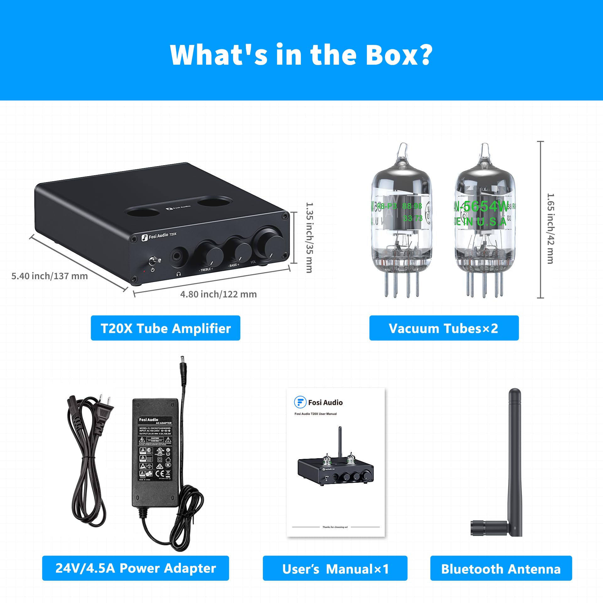 Fosi Audio T20X Bluetooth Tube Stereo Amplifier Home Audio Headphone Amp 2.0 Channel Class D Digital Mini Hi-Fi Power Amp Receiver for Home Bookshelf Speakers with JAN 5654W Vacuum Tubes