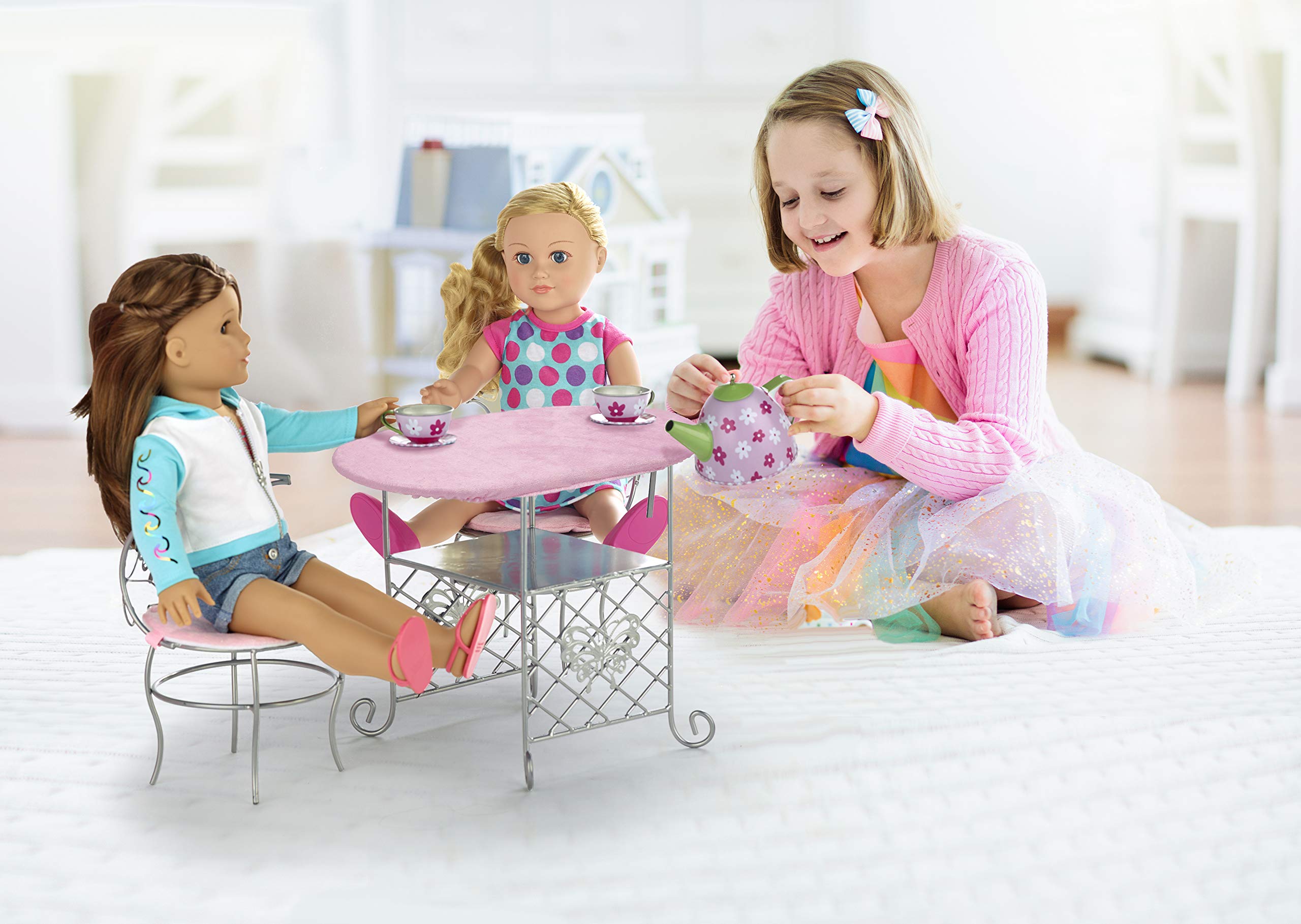 Badger Basket Elegant Tea Time Metal Doll Table and Chair Set with Accessories for 18 to 20-Inch Dolls – Perfect for Playtime Tea Parties