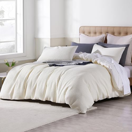 Grassix Waffle Weave Duvet Cover Queen Size 100% Cotton Duvet Cover Set with Zipper Closure Soft Breathable Textured Bedding Set for All Seasons, Comforter Cover Cream White 90"x90"