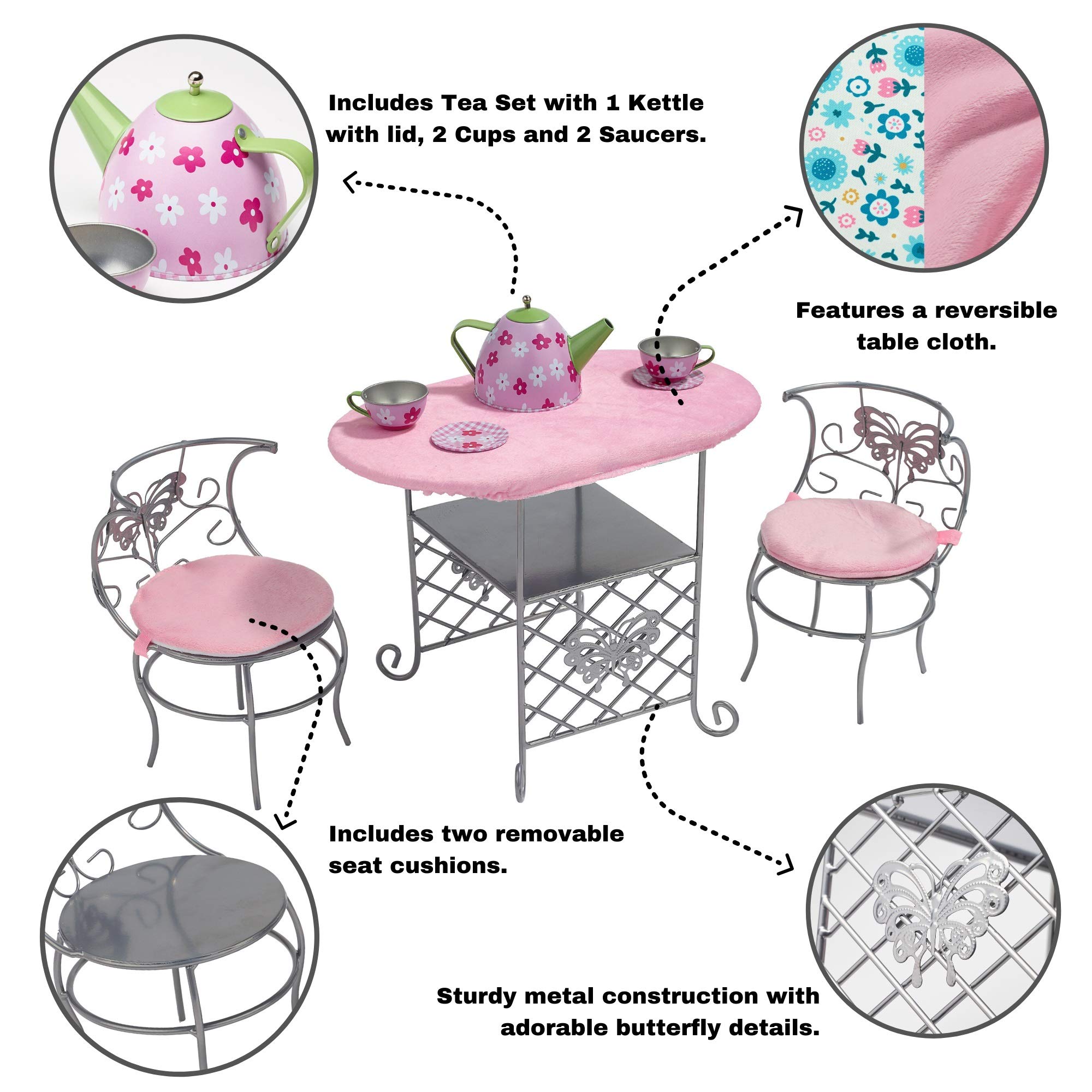 Badger Basket Elegant Tea Time Metal Doll Table and Chair Set with Accessories for 18 to 20-Inch Dolls – Perfect for Playtime Tea Parties