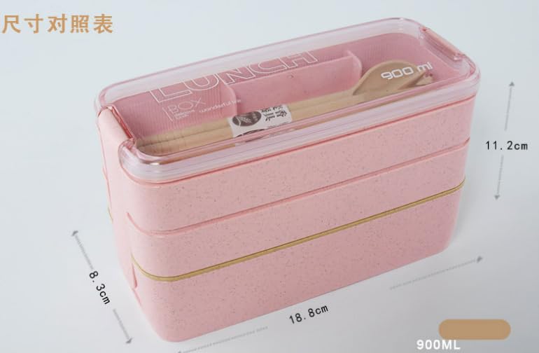 LETSKAB 2-Piece 3-in-1 Compartment Wheatgrass Bento Lunch Box Stackable lunch containers Leak Proof Eco-Friendly Adult Meal Prep Lunch box Container (Pink/Beige)