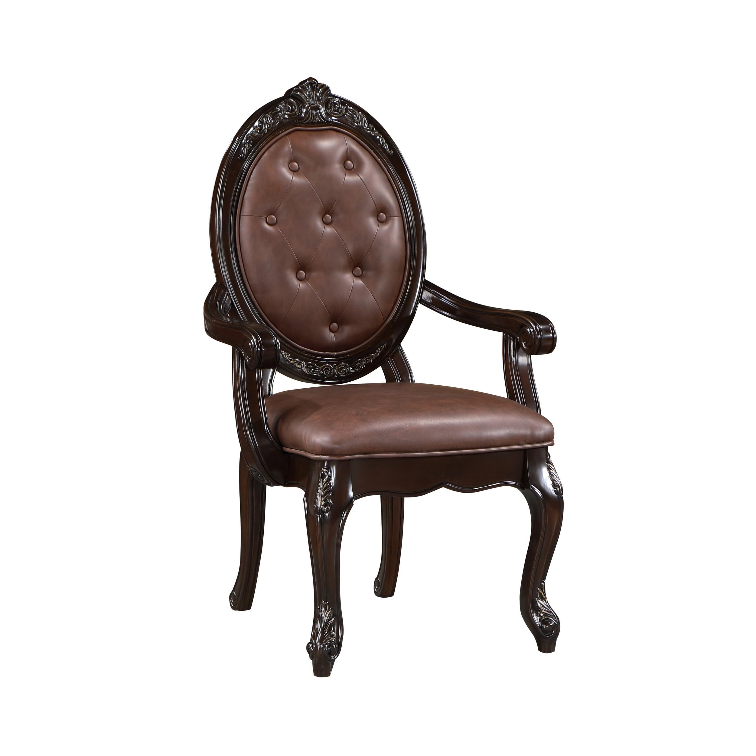 Benjara Cran 24 Inch Dining Armchair, Carved Details, Faux Leather Seat, Brown
