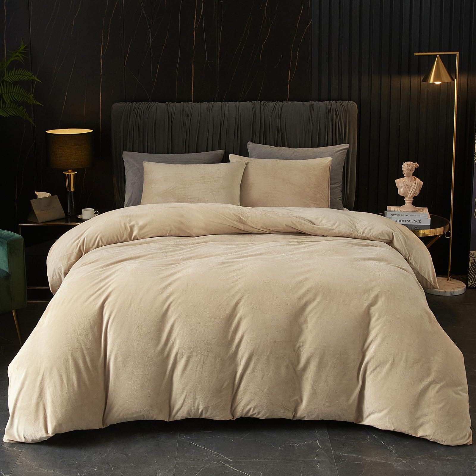 Ivellow Velvet Duvet Cover Queen Set Khaki Velvet Duvet Cover Queen Comforter Cover 3Pcs Ultra Soft Duvet Cover Breathable Solid Luxury Flannel Velour Duvet Cover Zipper Closure Corner Tie