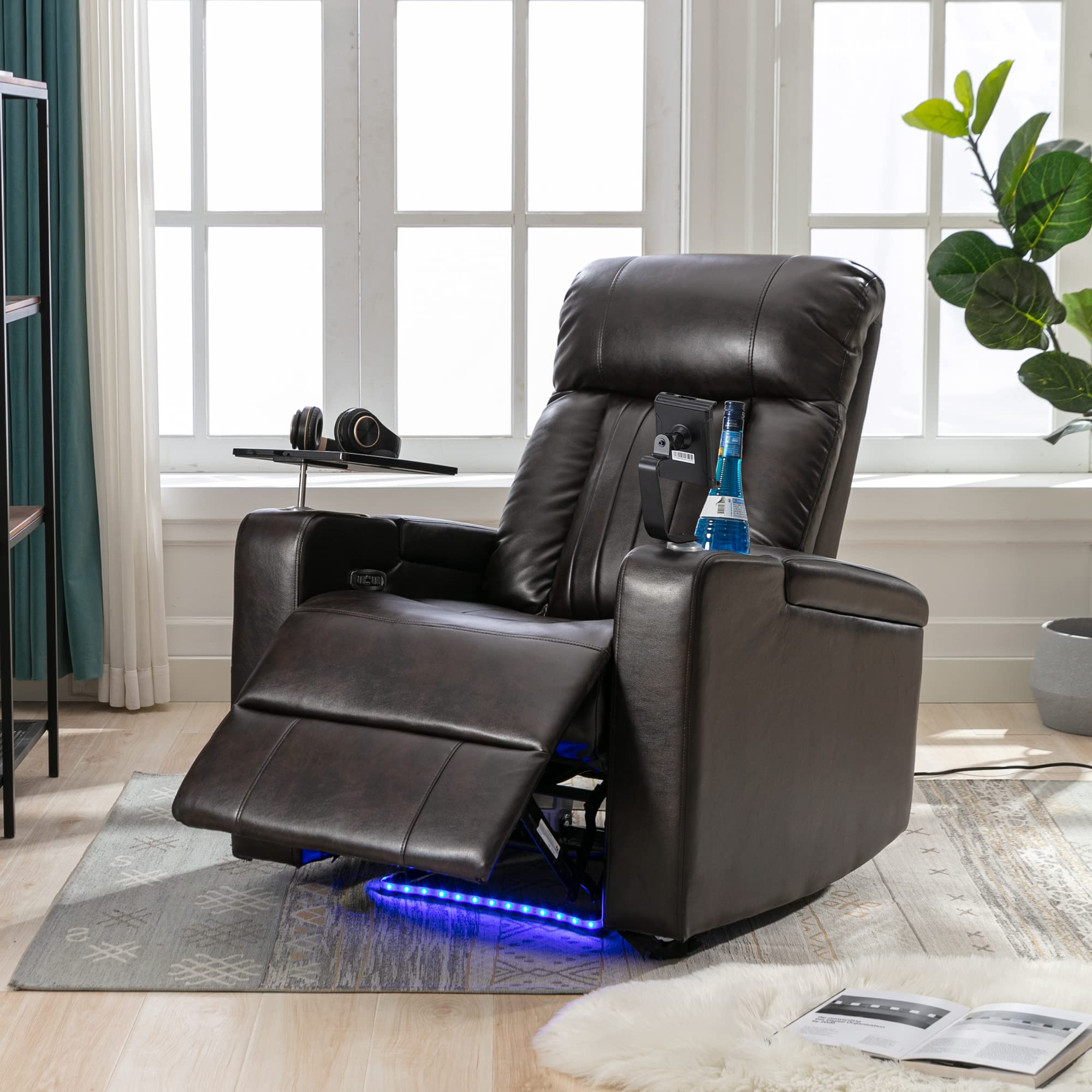 FIQHOME Premium Electric USB Charge Port, 360 Swivel Tray Table,Hand in-Arm Storage,2 Cup Holders,Ambient Lighting and Metal Cell Phone Stand Gaming Recliner Chair Home Theater Seating,Brown