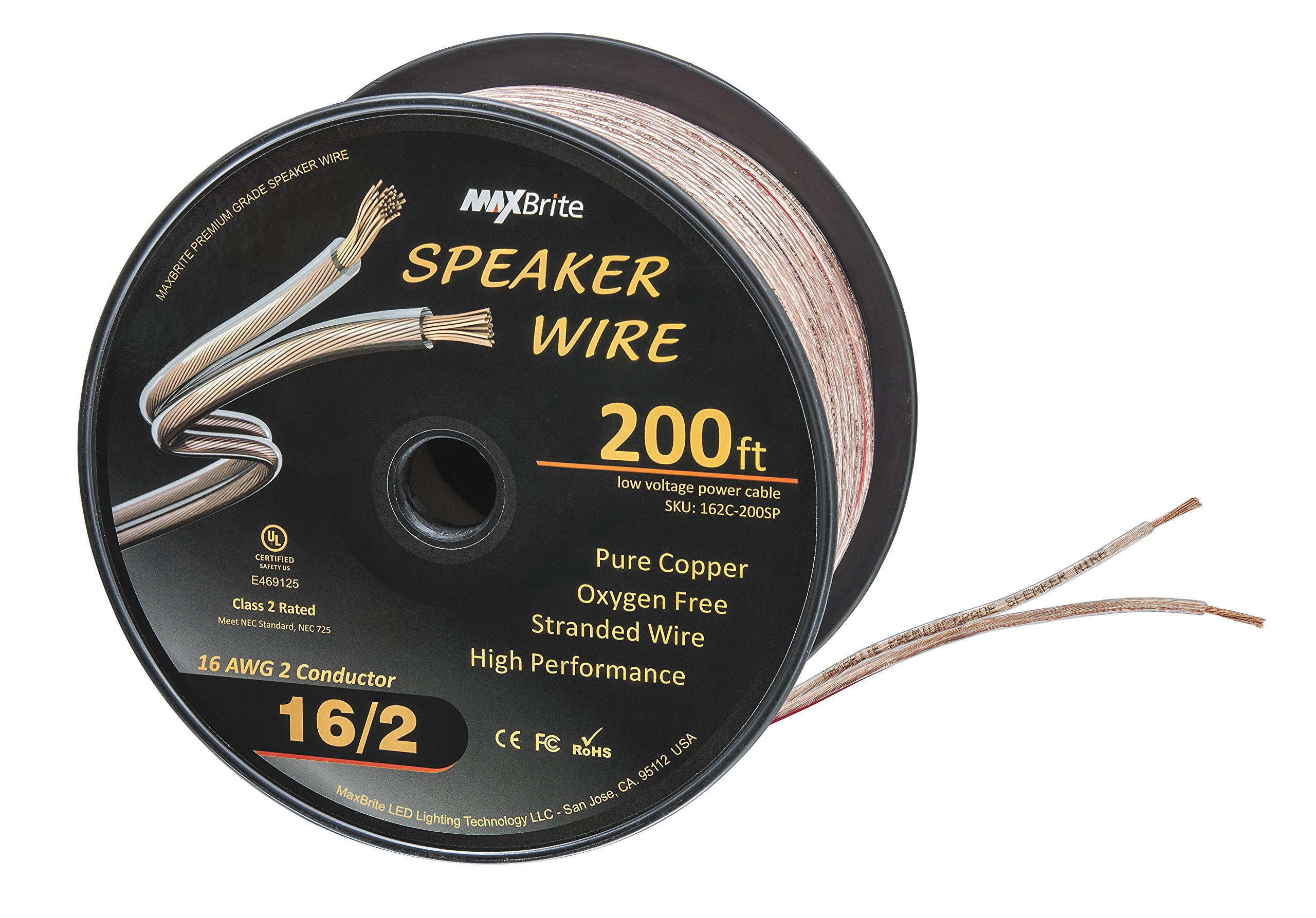 High Performance 16 Gauge Speaker Wire, Oxygen Free Pure Copper - UL Listed Class 2 (200 Feet Spool)