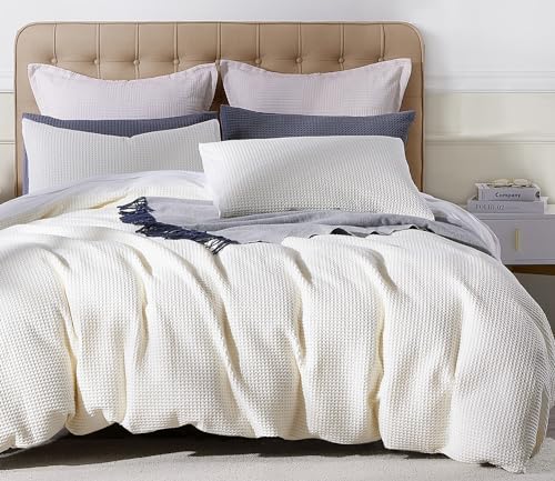 Grassix Waffle Weave Duvet Cover Queen Size 100% Cotton Duvet Cover Set with Zipper Closure Soft Breathable Textured Bedding Set for All Seasons, Comforter Cover Cream White 90"x90"