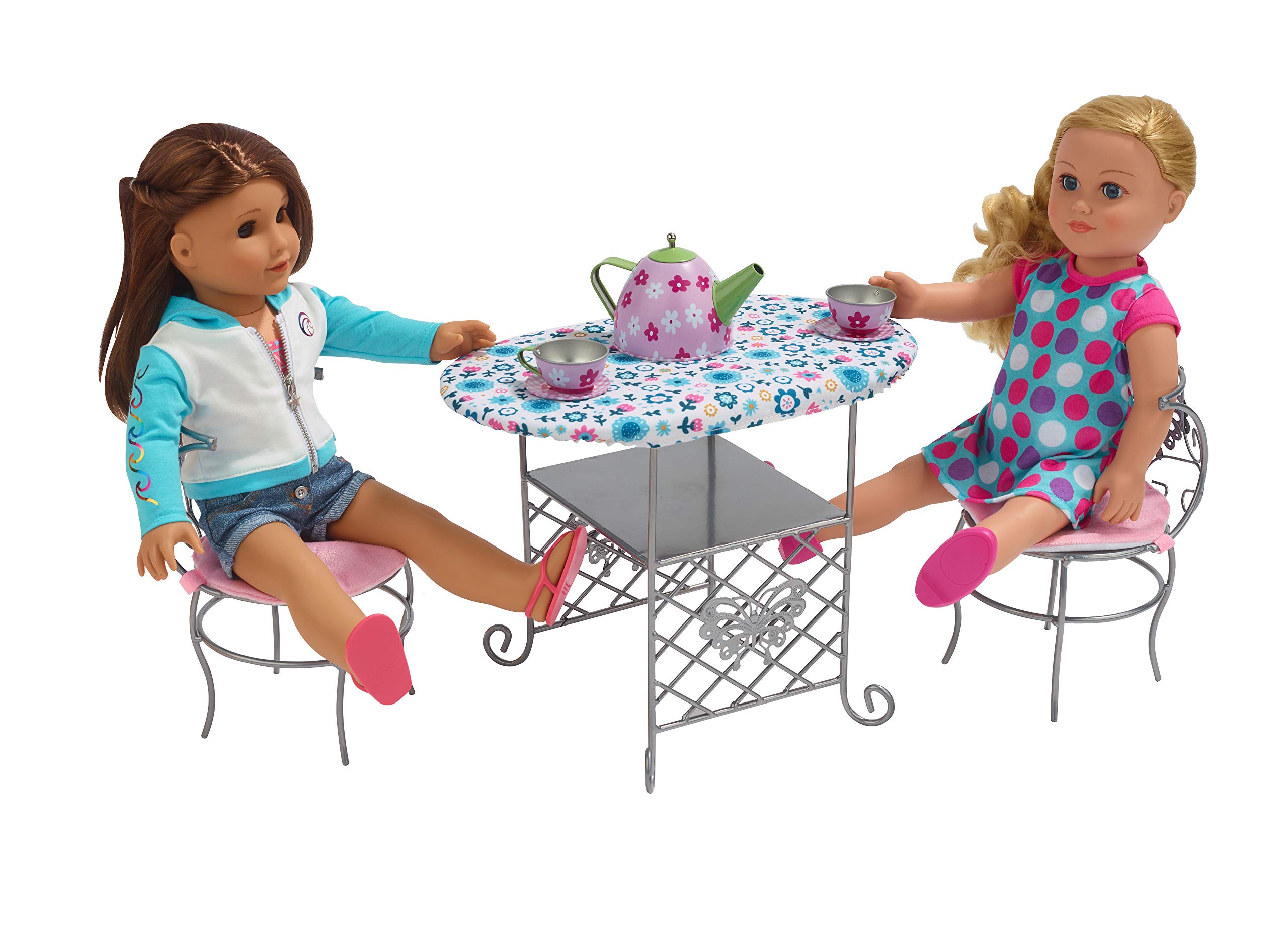 Badger Basket Elegant Tea Time Metal Doll Table and Chair Set with Accessories for 18 to 20-Inch Dolls – Perfect for Playtime Tea Parties