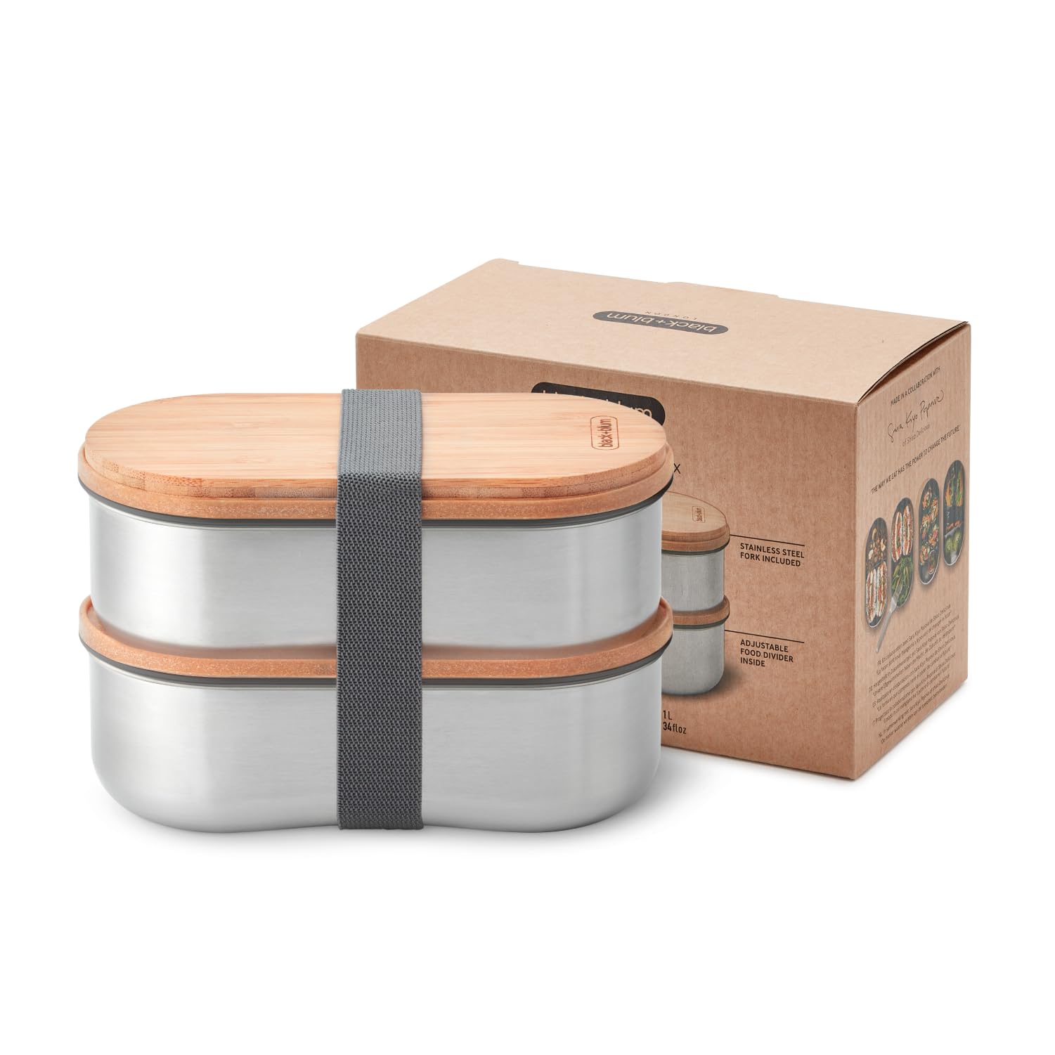 BLACK + BLUM Stainless Steel Bento Box | Plastic Free, Leak-Proof, 2-Compartment Lunch Box with Travel Fork and Bamboo Chopping Board Lid for Packing Healthy and Delicious Food | 34 oz / 1000 ml
