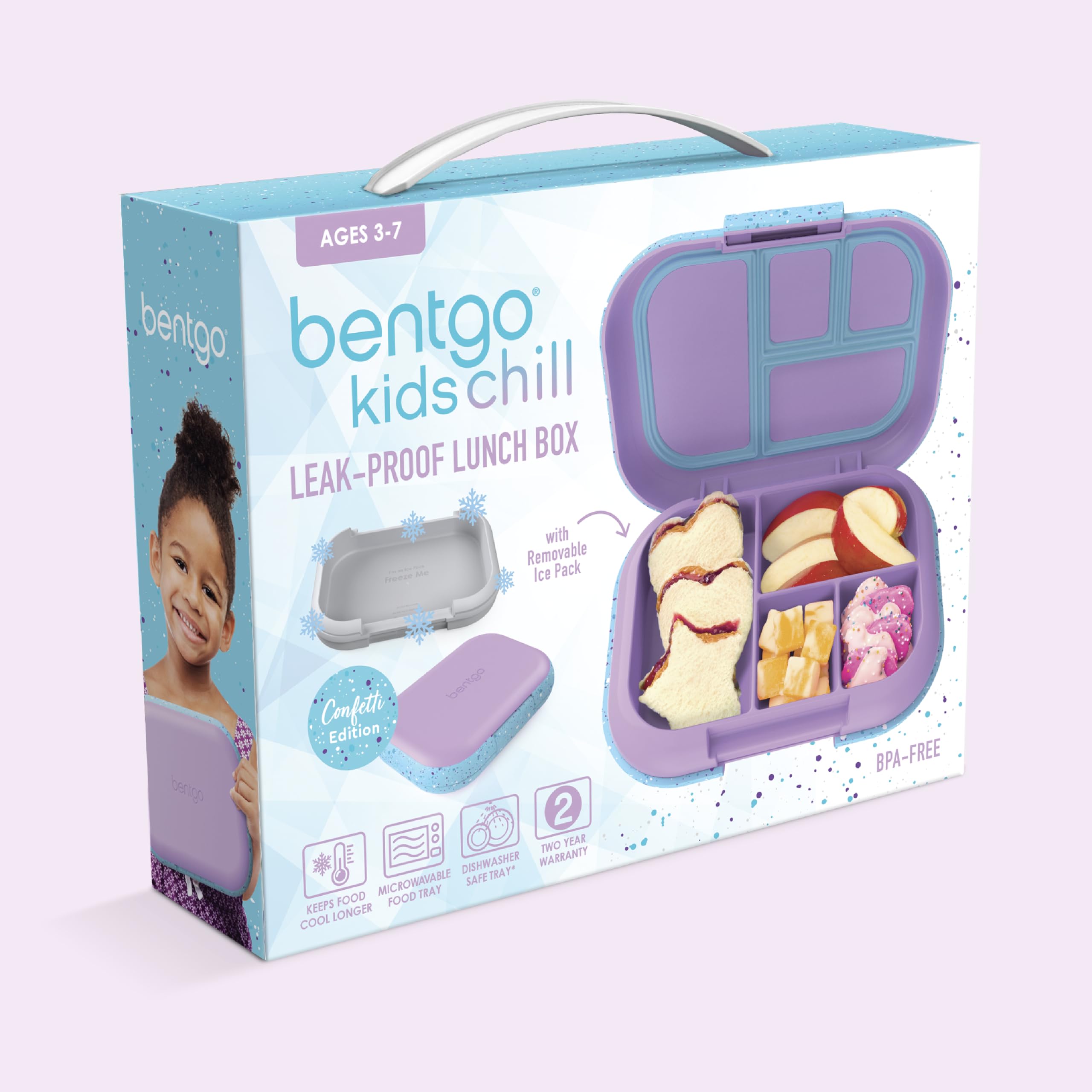 Bentgo Kids Chill Leak-Proof Lunch Box - Included Reusable Ice Pack Keeps Food Cold; 4-Compt. Bento Box; Microwave/Dishwasher Safe; 2 Year Manufacturer's Warranty (Confetti Edition - Vivid Orchid)