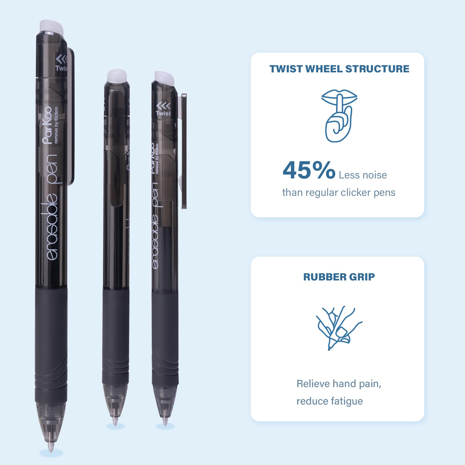 ParKoo Retractable Erasable Gel Pens Twist-Write, Fine Point 0.7 mm, Make Mistake Disappear, 12 Black Ink Pens for Drawing Writing Planners and Crossword Puzzles