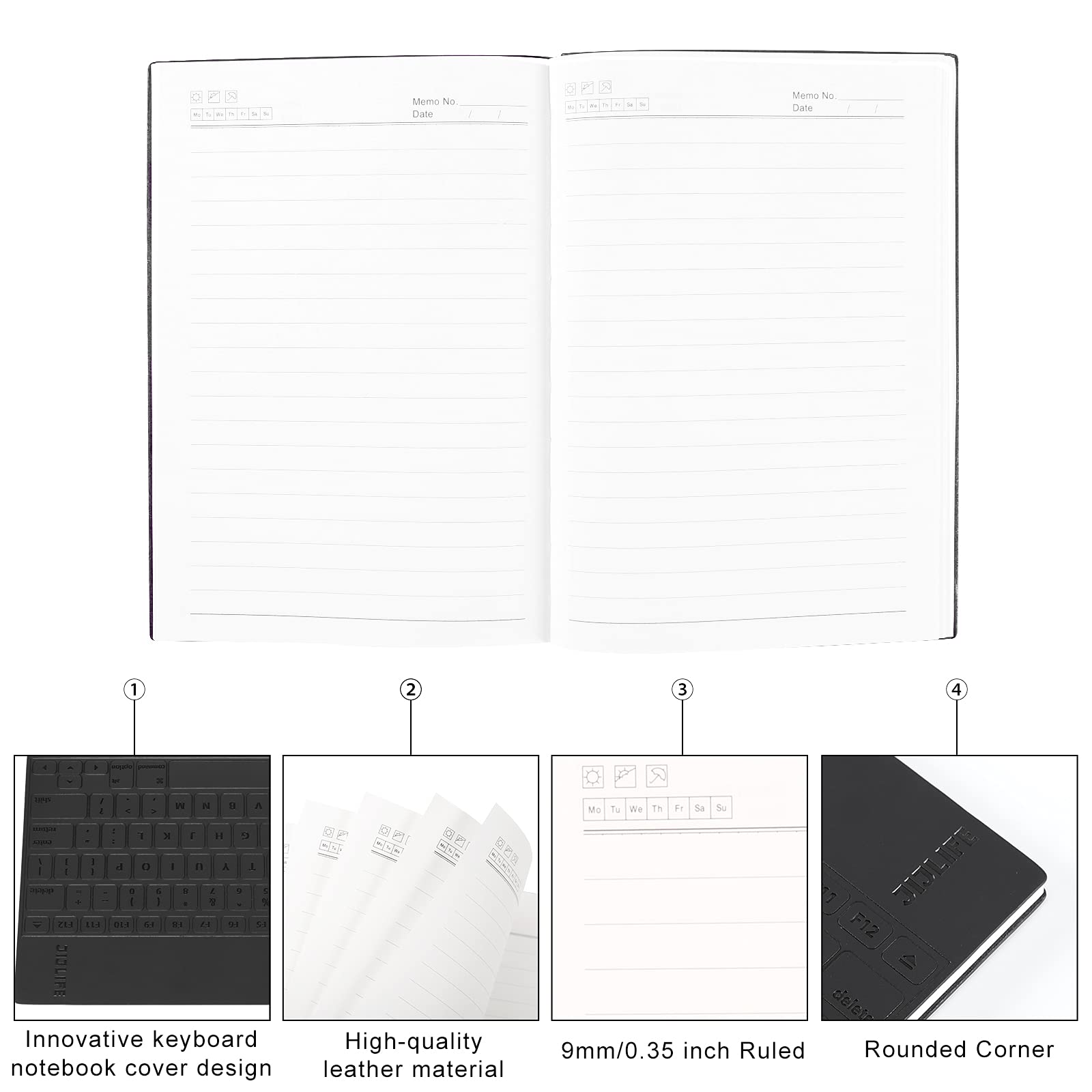 Leather Journal Cover - Reusable Smart Notebook Erasable with APP Storage, 1 Erasable Pen & 10 Rewritable Refill & 1 Colorful Tabs Included（Black Cover）