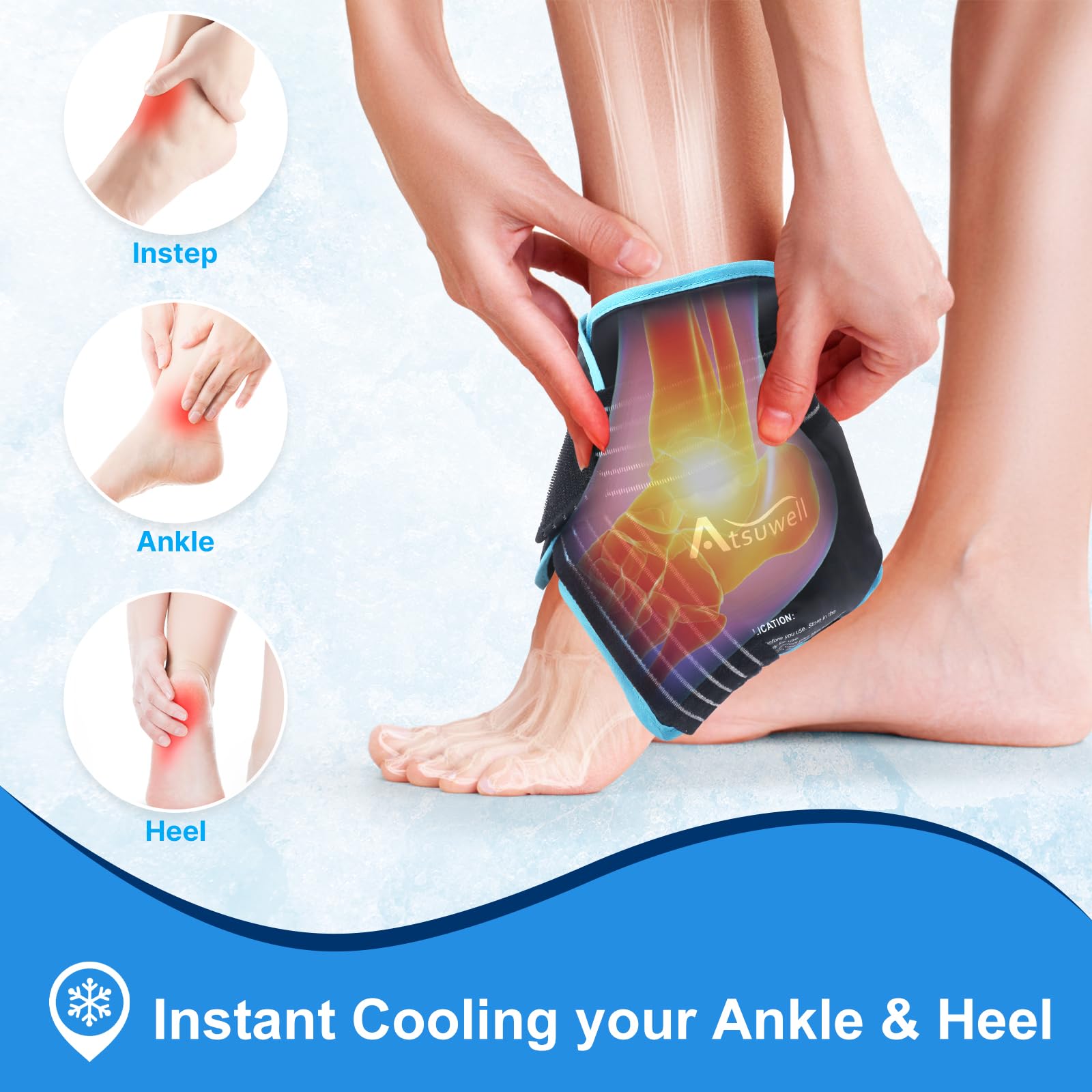 Atsuwell Ankle Ice Pack Wrap 2 Packs, Ankle Ice Wraps Flexible Gel Cold Pack for Foot Ankle Heel, Cold Compress Therapy for Soothing Discomfort, Black