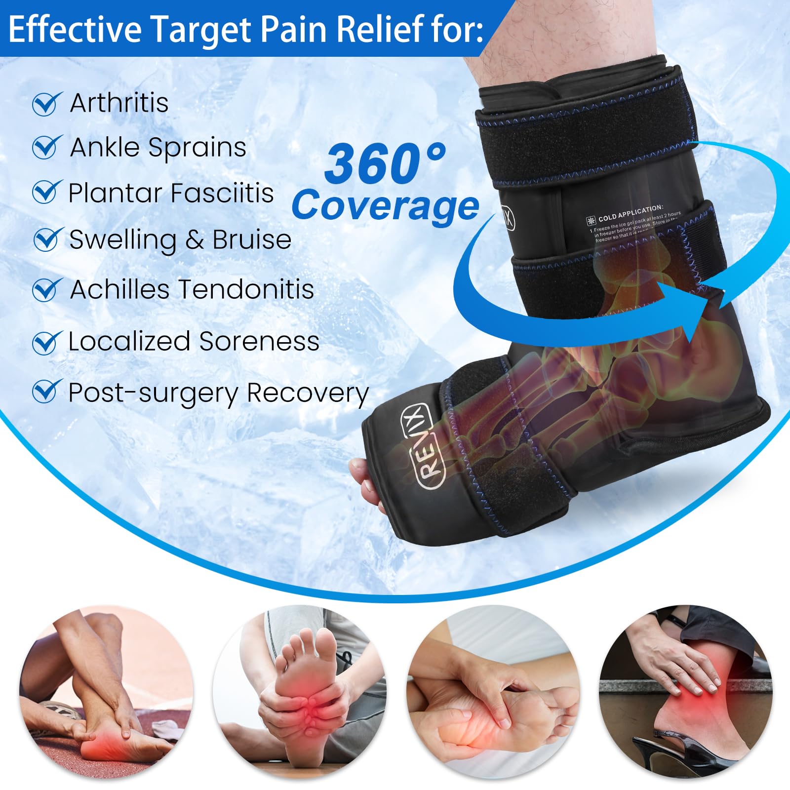 REVIX XL Ankle Ice Pack Wrap for Swelling and Cold Pack Foot Pain Relief, Heel Ice Pack for Injuries Reusable Gel, Ankle Ice Wrap for Plantar Fasciitis, Achilles Tendonitis, Sprained Ankles, Black