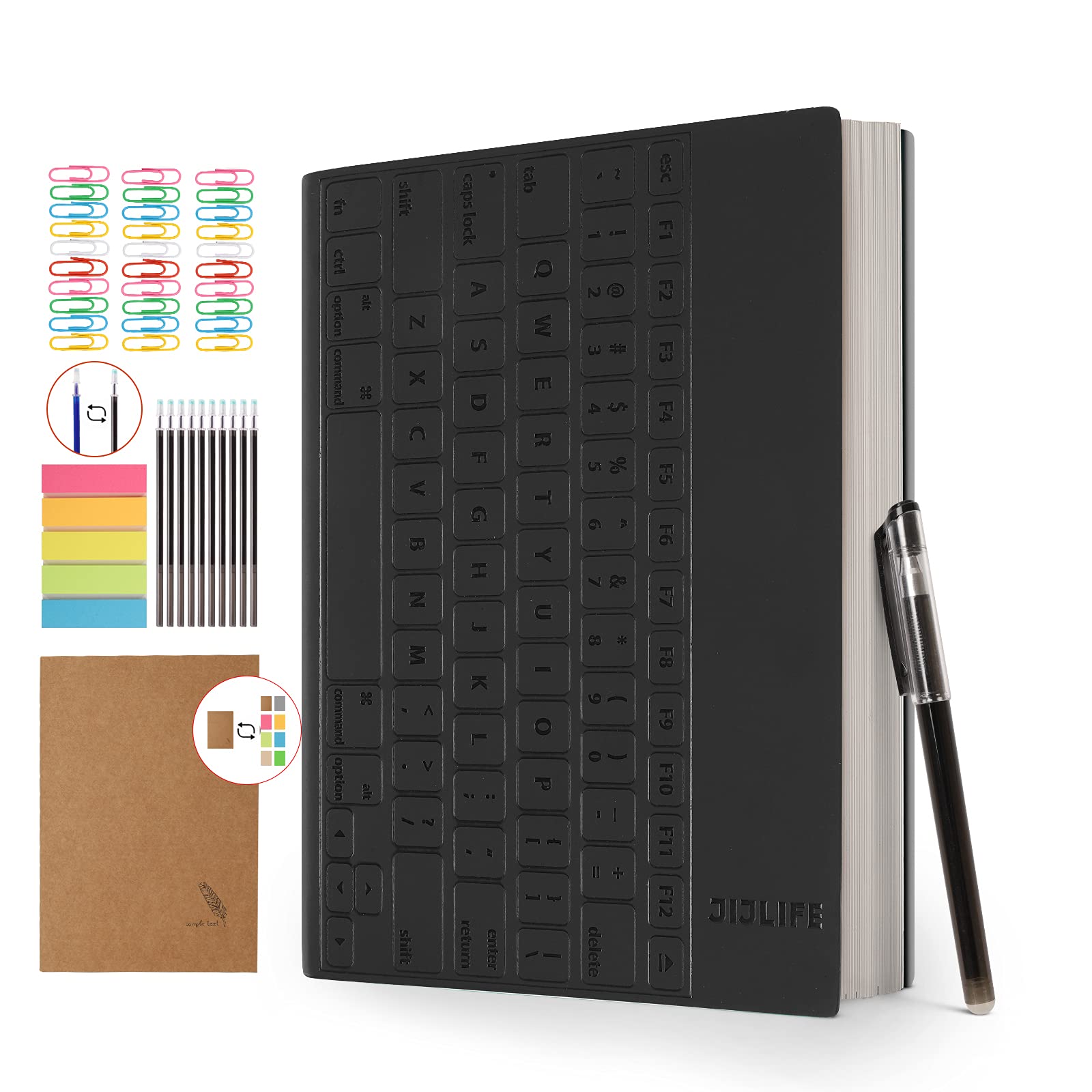 Leather Journal Cover - Reusable Smart Notebook Erasable with APP Storage, 1 Erasable Pen & 10 Rewritable Refill & 1 Colorful Tabs Included(Black Cover)