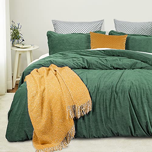 PHF Luxurious Velvet Corduroy Duvet Cover Set King, 3PCS Flannel Soft Comforter Cover Set for All Season, Cozy Durable Duvet Cover with Pillow Shams Bedding Collection, 104" x 90", Emerald Green