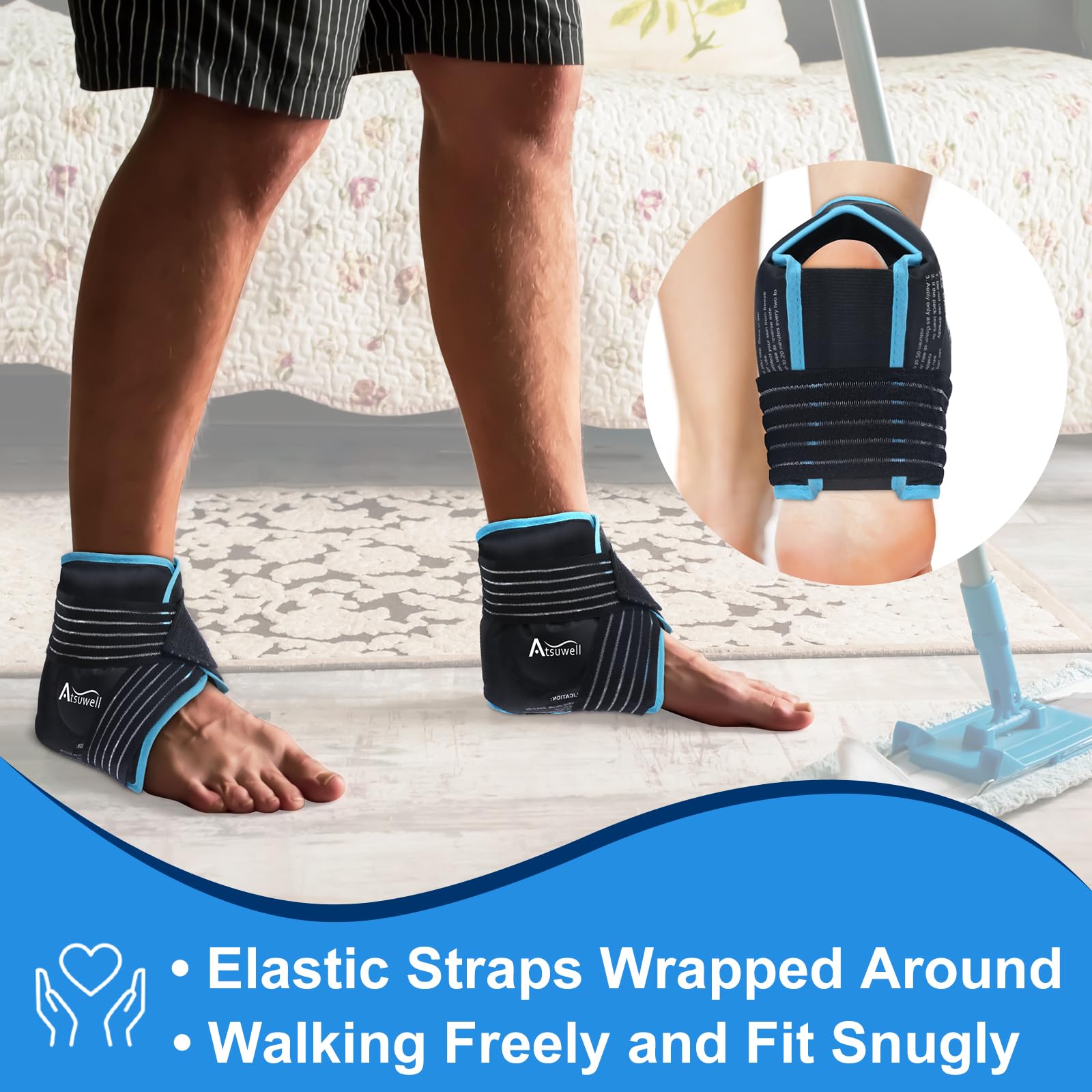 Atsuwell Ankle Ice Pack Wrap 2 Packs, Ankle Ice Wraps Flexible Gel Cold Pack for Foot Ankle Heel, Cold Compress Therapy for Soothing Discomfort, Black