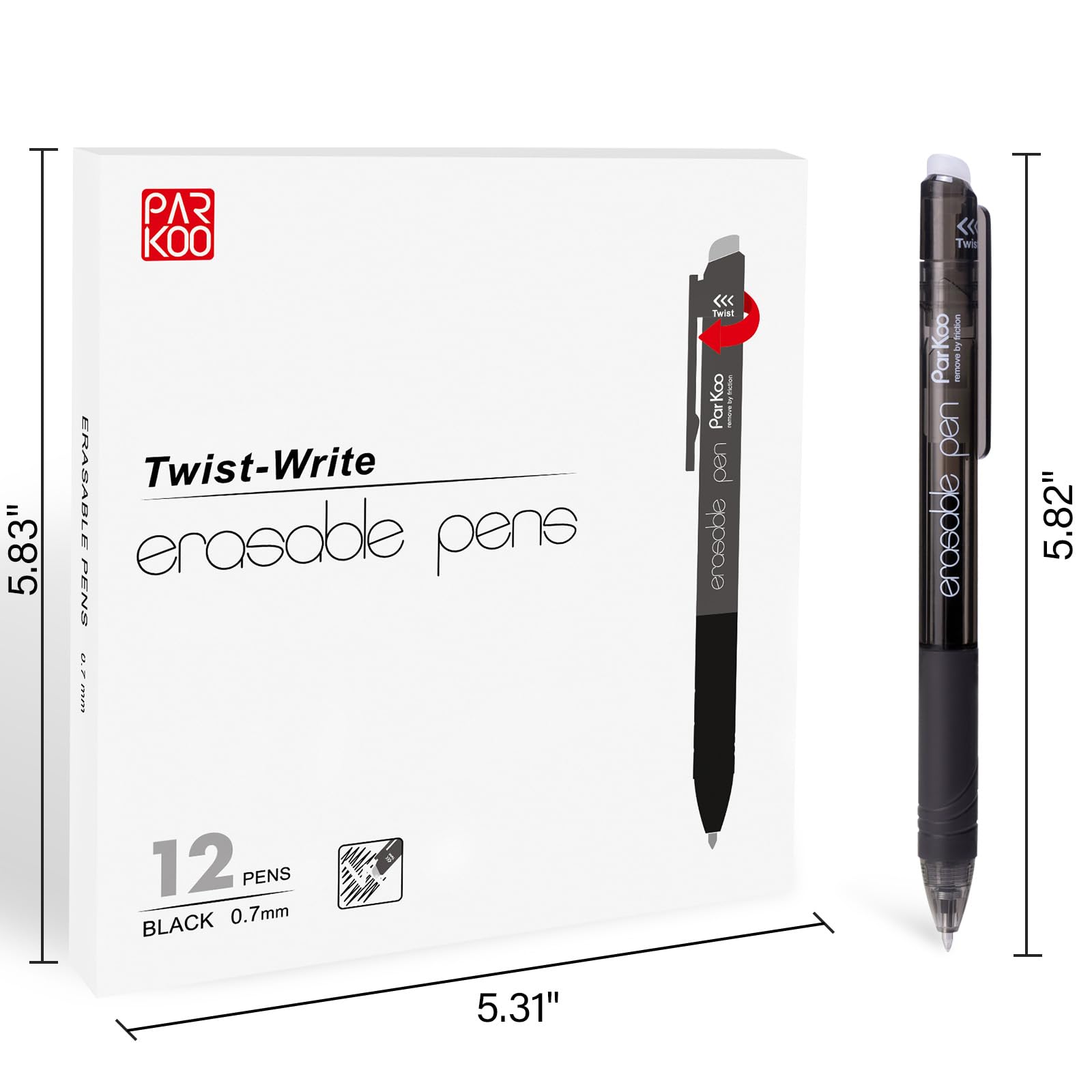 ParKoo Retractable Erasable Gel Pens Twist-Write, Fine Point 0.7 mm, Make Mistake Disappear, 12 Black Ink Pens for Drawing Writing Planners and Crossword Puzzles