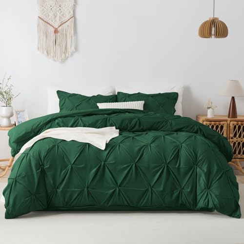 Litanika Dark Emerald Green Queen Pinch Pleat Duvet Cover, 3 Pieces Pintuck Cover Soft Microfiber Bedding Set with Zipper Closure & Corner Ties(90x90Inch-1 Duvet Cover, 2 Pillowcases)
