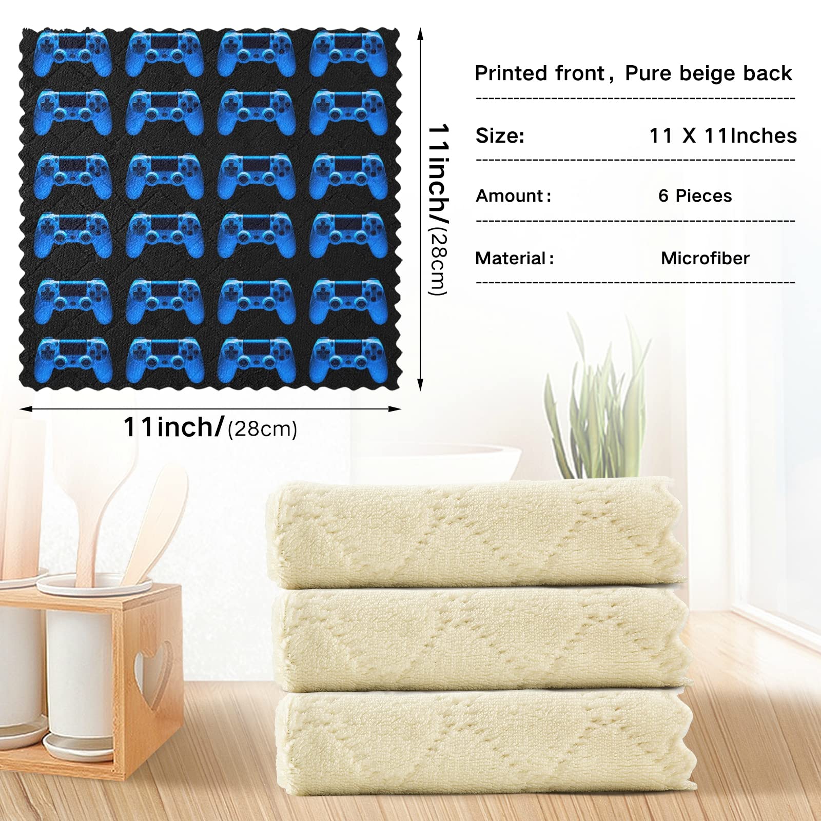 Video Game Joystick Gamepad in Blue Neon Lights Isolated on Black Pack of 6 Pcs Kitchen Dish Towels, Absorbent Soft Dishcloths for Bar cafe Car Table Chair Window Washable Towels 11 x 11 inches