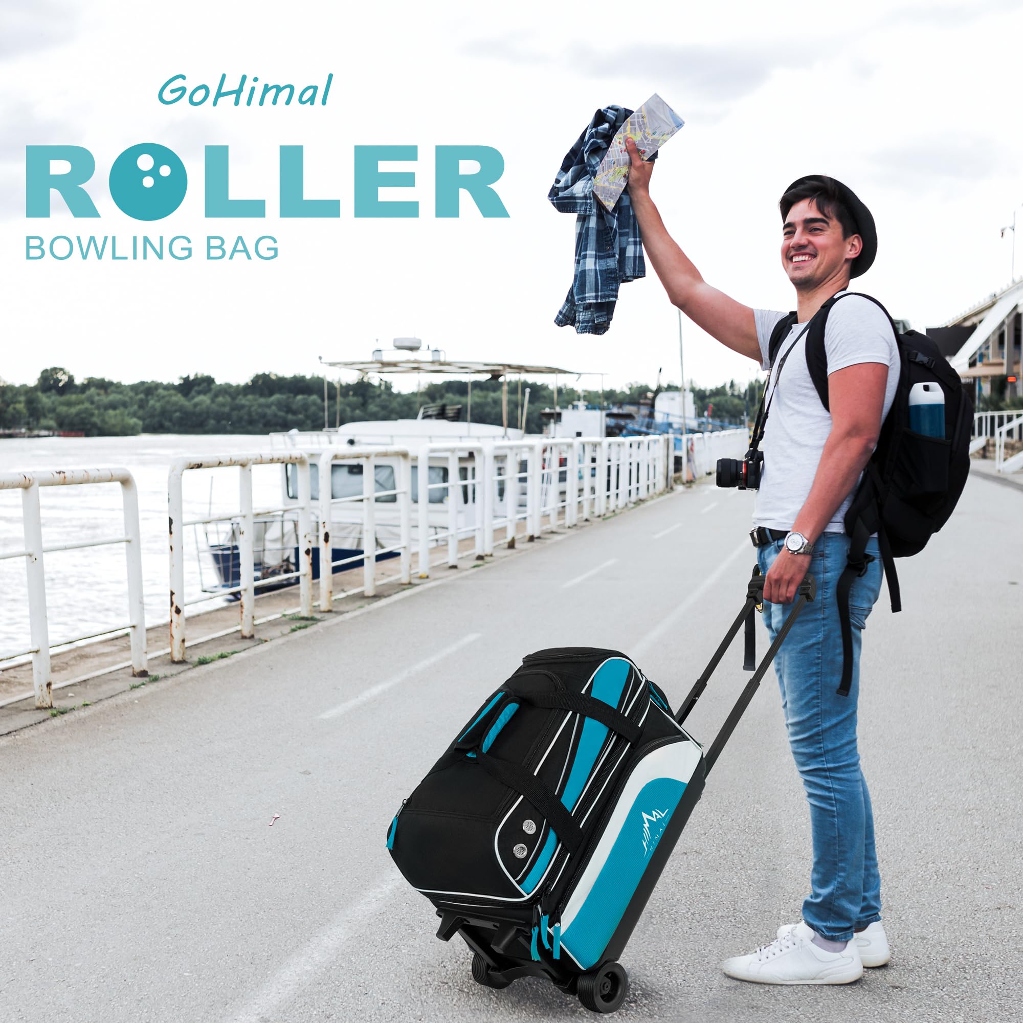 GoHimal Double Roller 2 Ball Bowling Bag with Separate Shoe Compartment for Bowling Shoes (Up To US Men Size 15) and Abundant multifunction Accessory Pocket, Upgraded fabric, Retractable Handle -